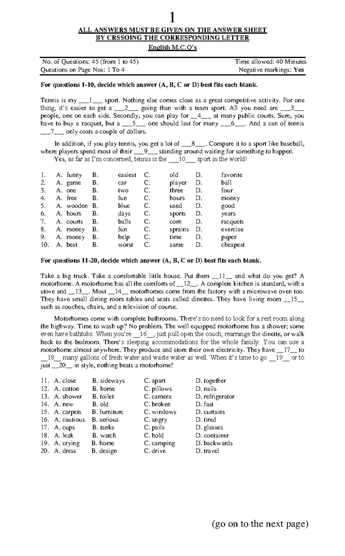 Sample p 4 - ALL ANSWERS MUST BE GIVEN ON THE ANSWER SHEET BY CRSSOING ...