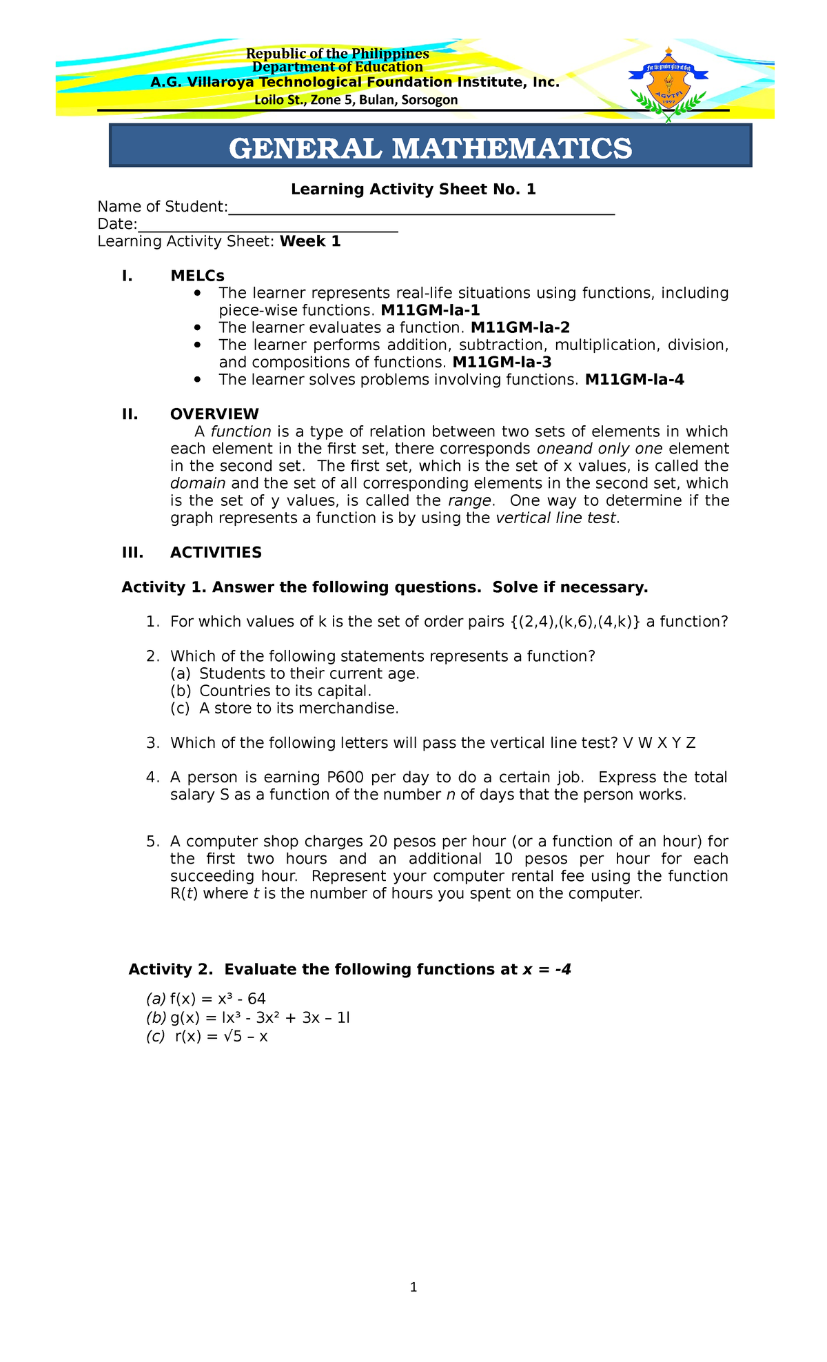 General Mathematics - Week 1 simplified learning activity sheet ...