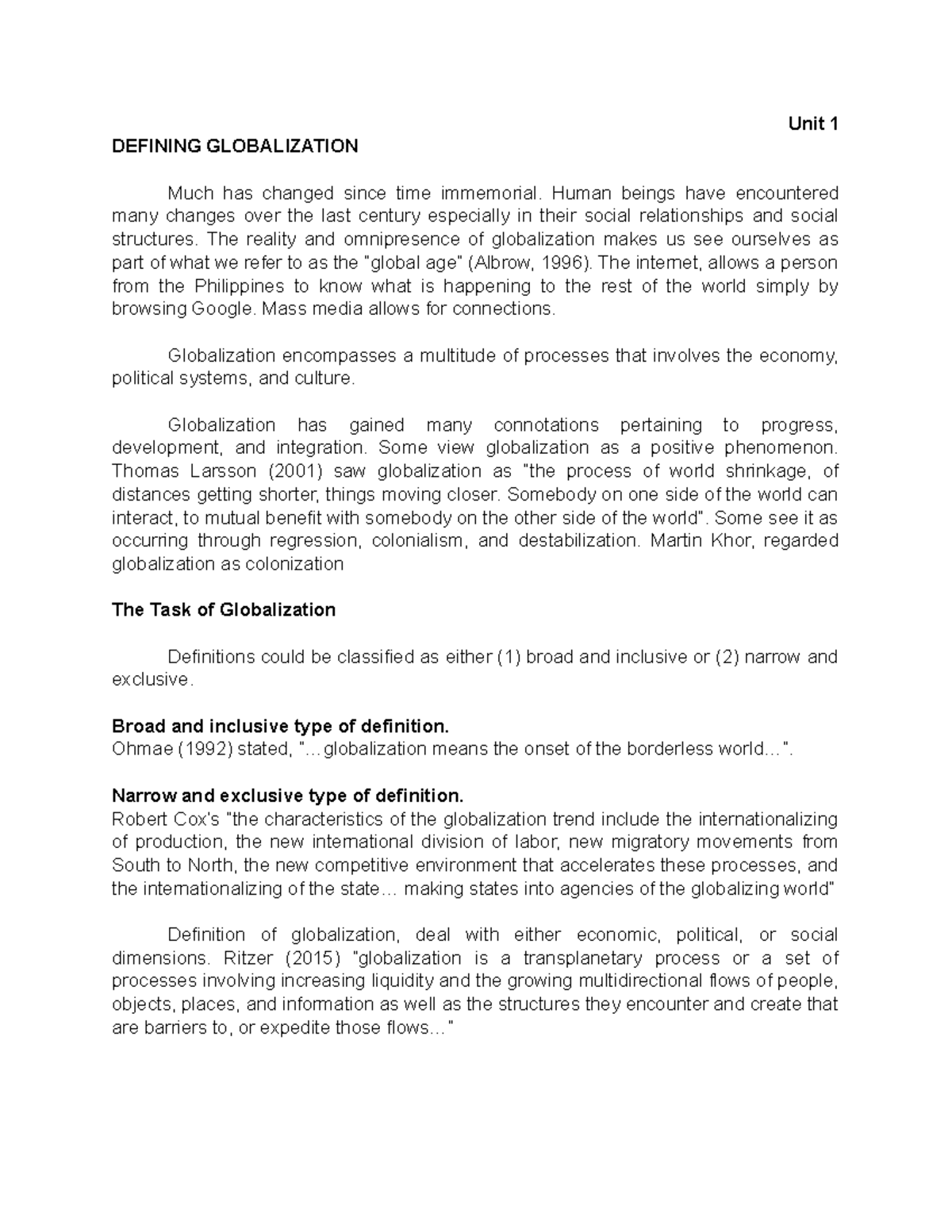 UNIT 1 Defining Globalization GEC 103 - Unit 1 DEFINING GLOBALIZATION Much has changed since ...