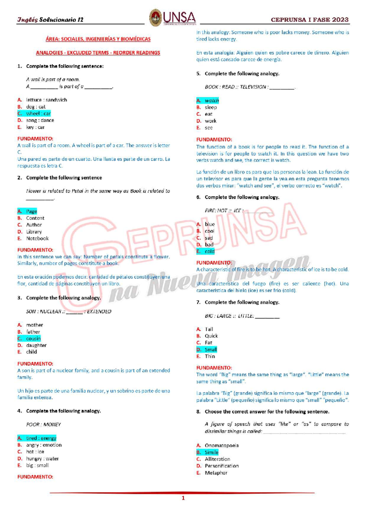 7. Practica N° 12 Solucionario Inglés - Ceprunsa I FASE 2023 - Inglés Solucionario 12 UNSA ...