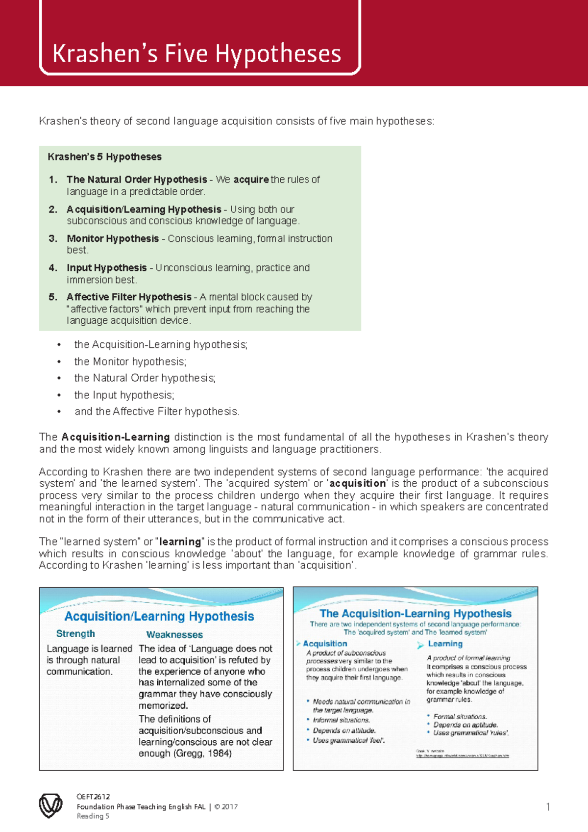 OEFT2612 Reading 5 - Krashen’s Five Hypotheses Krashen’s theory of ...