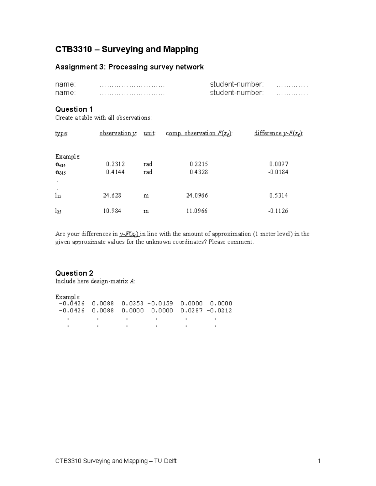 CTB3310 surveynetwork assignment Answer Sheet template 2023 - CTB3310 – Surveying and Mapping ...