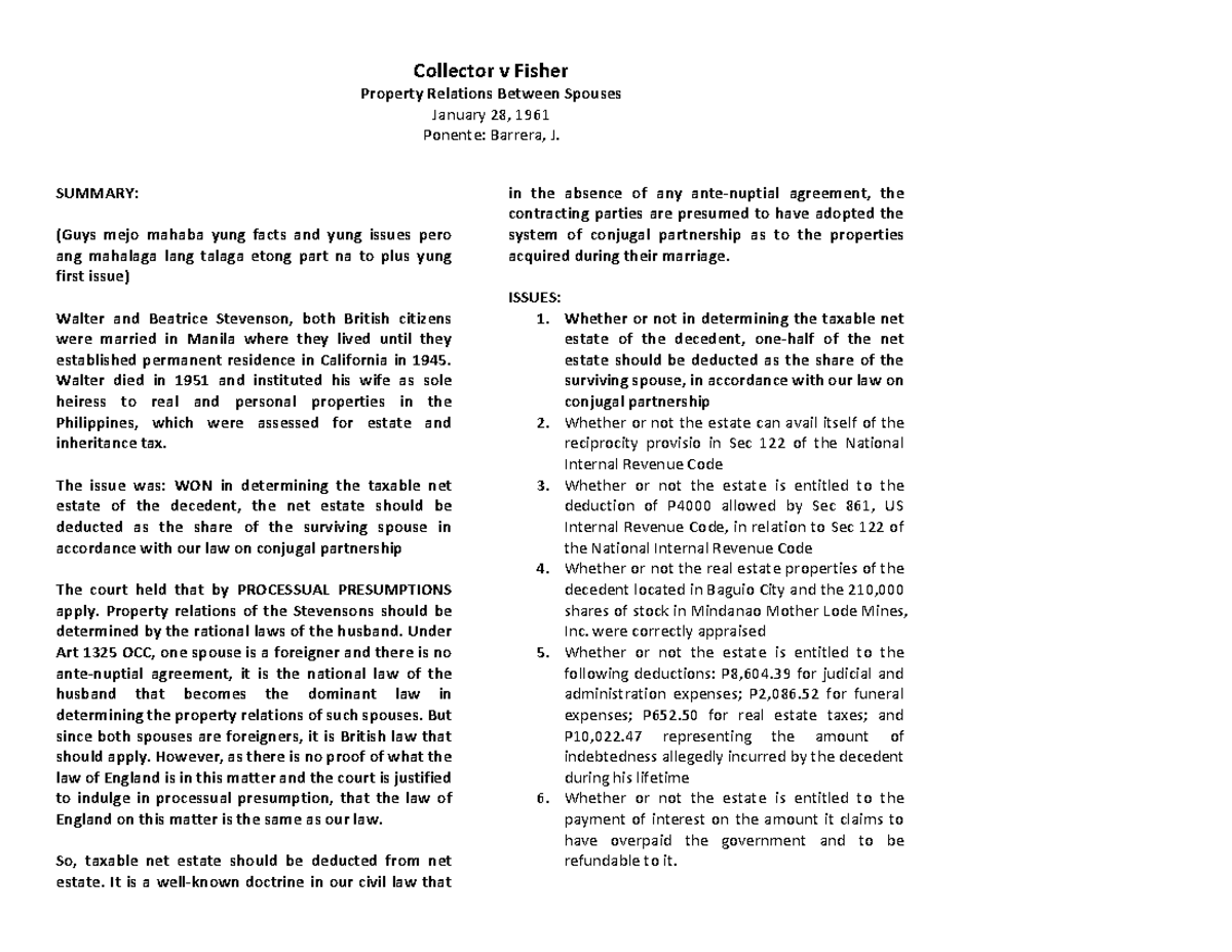 Pdfcoffee - copy lecture - Collector v Fisher Property Relations Between Spouses January 28 ...