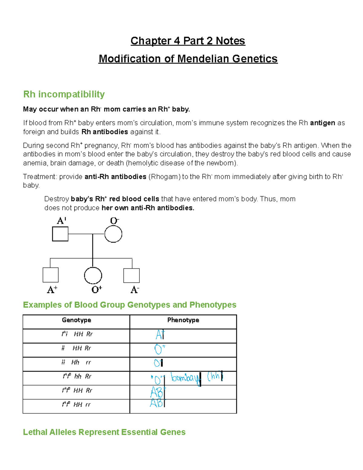 Modification of Mendelian Genetics: Rh Incompatibility and Lethal ...