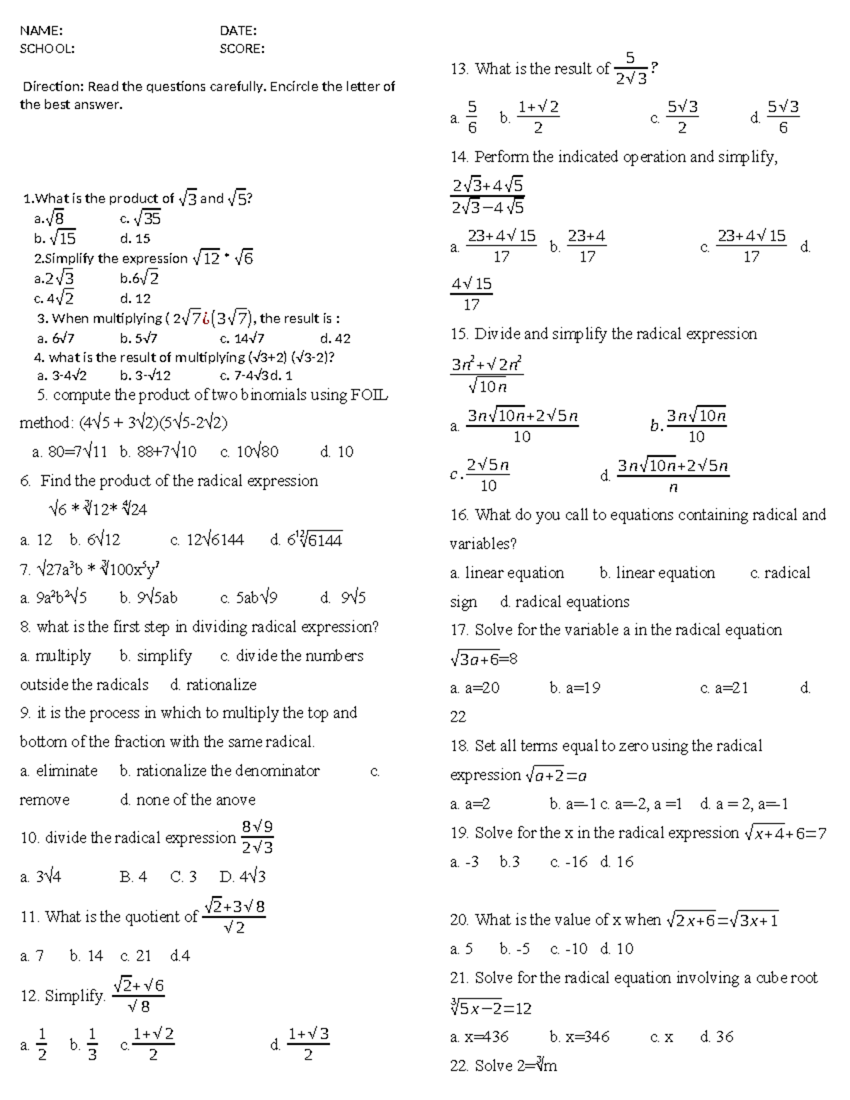 Tq mathematics 9 - NAME: DATE: SCHOOL: SCORE: Direction: Read the ...