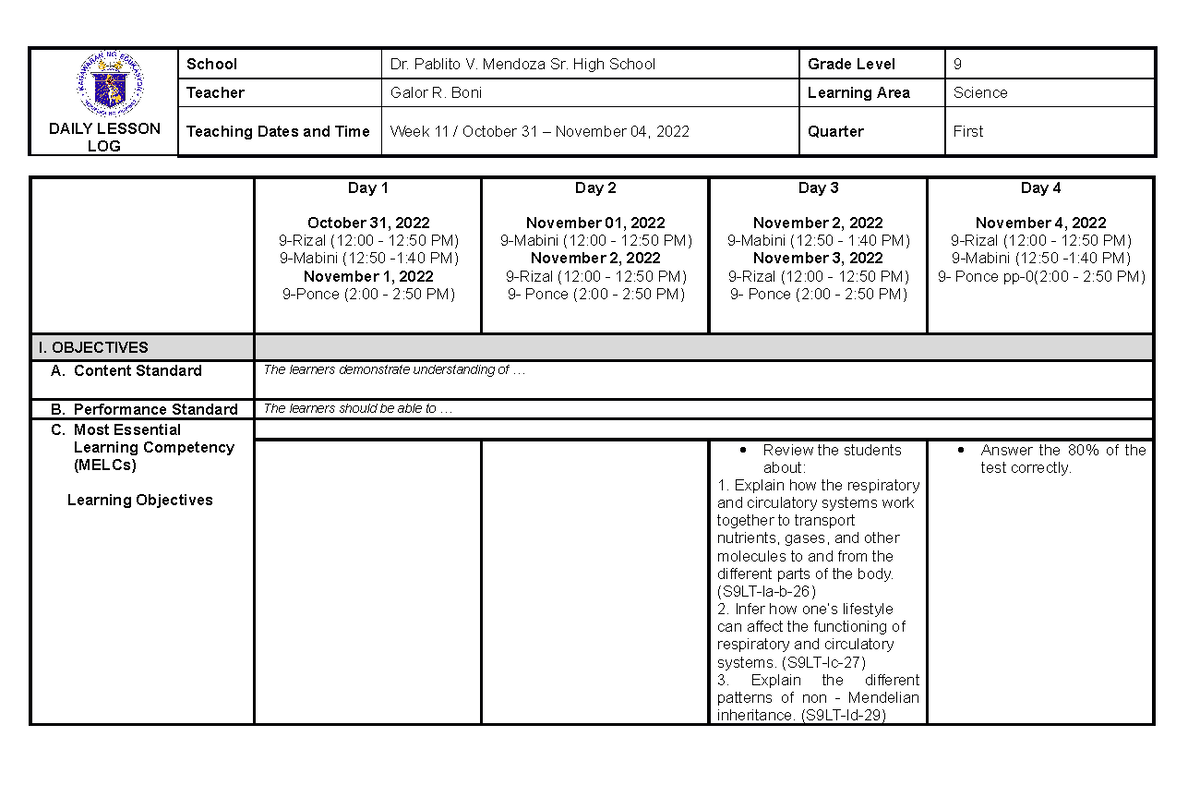 DLL Science 9 W11 - DAILY LESSON LOG School Dr. Pablito V. Mendoza Sr ...