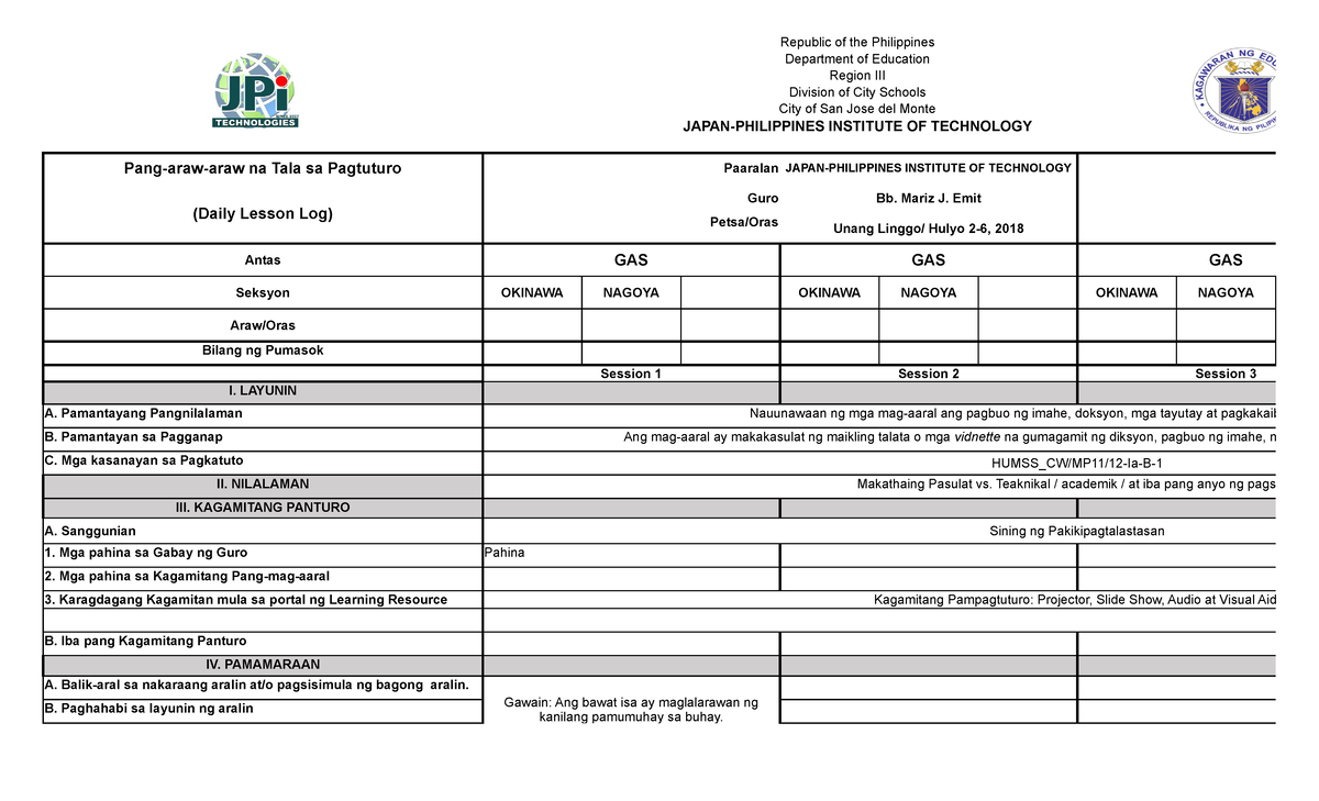 Daily Lesson Log - Republic of the Philippines Department of Education ...