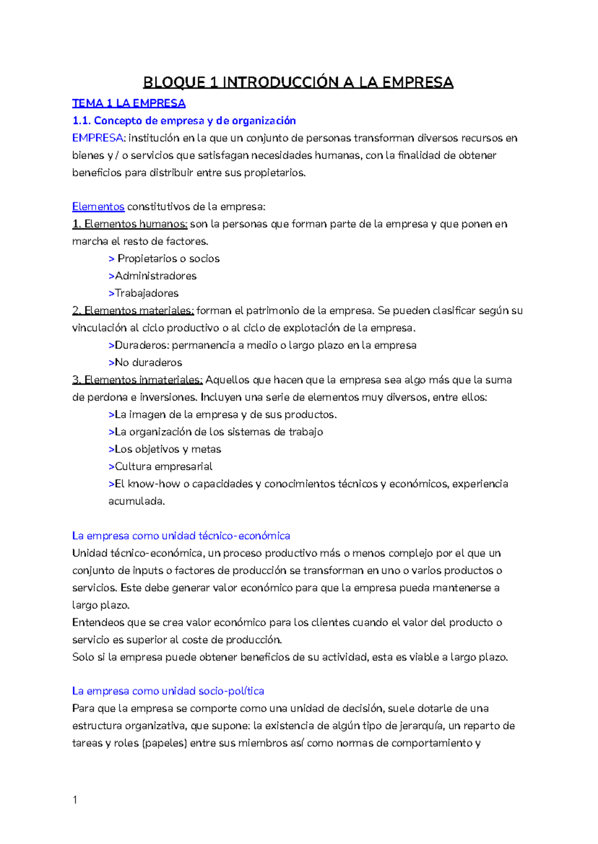 Bloque 1 (tema 1 2 3 4) - Intro Empresa - BLOQUE 1 INTRODUCCIÓN A LA EMPRESA TEMA 1 LA EMPRESA ...