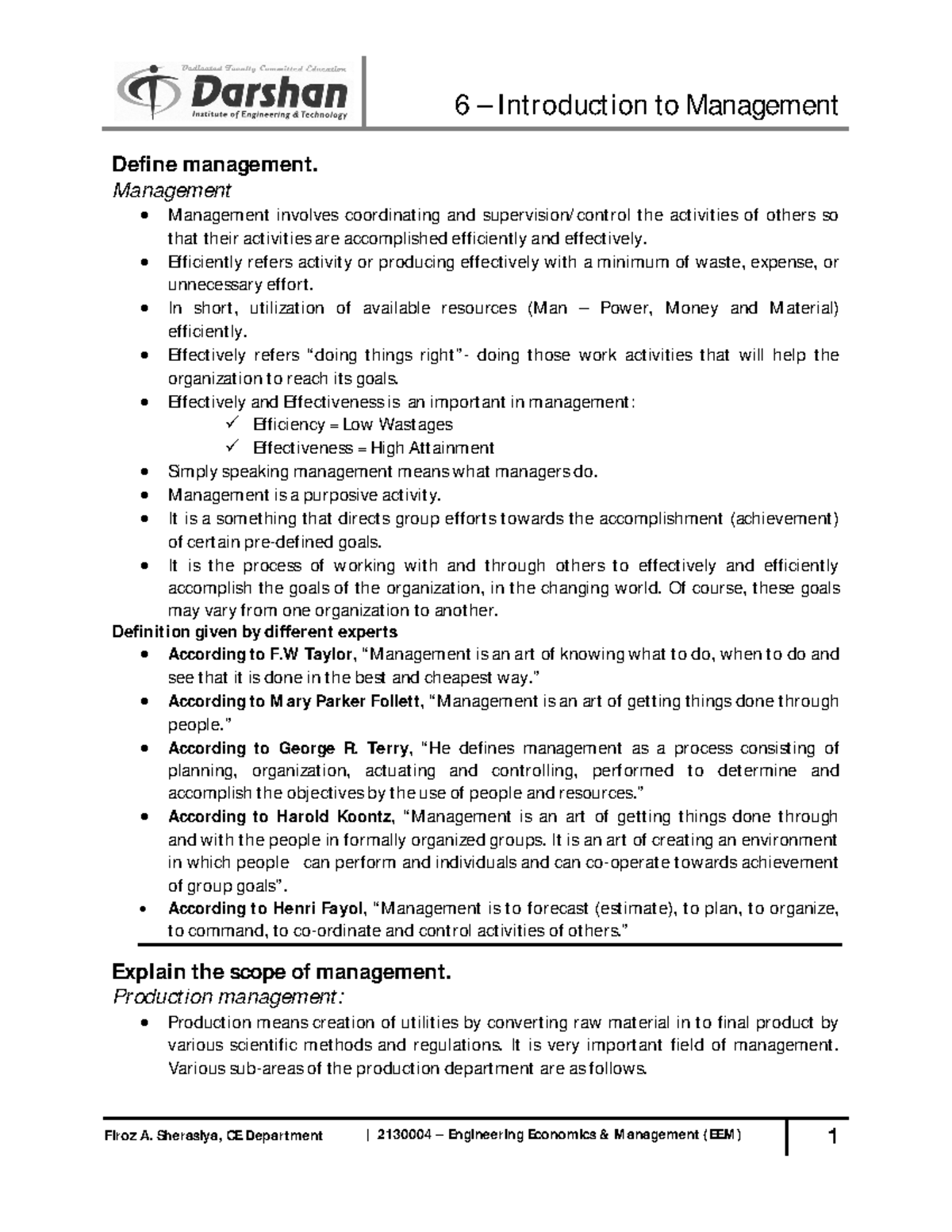 Introduction To Management - 1 Define management. Management M ...