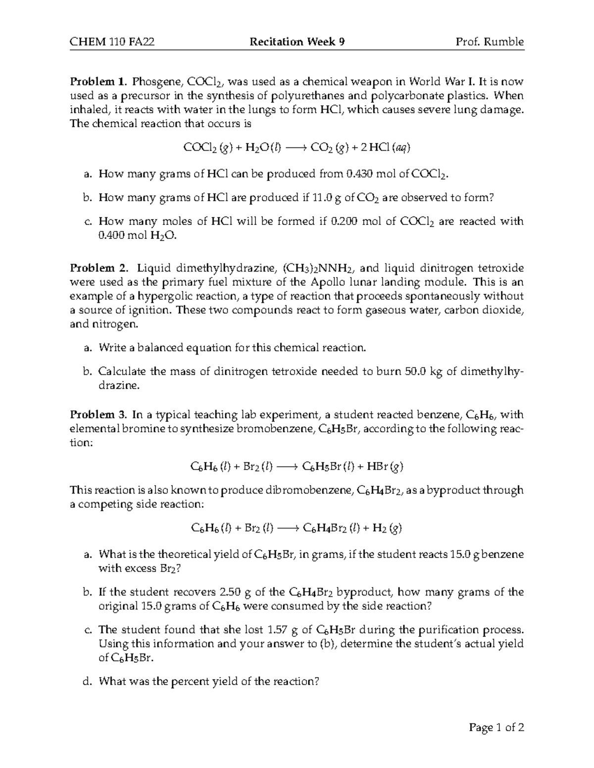 Chem110 rec week9 - chem recitation practice - CHEM 110 FA22 Recitation ...