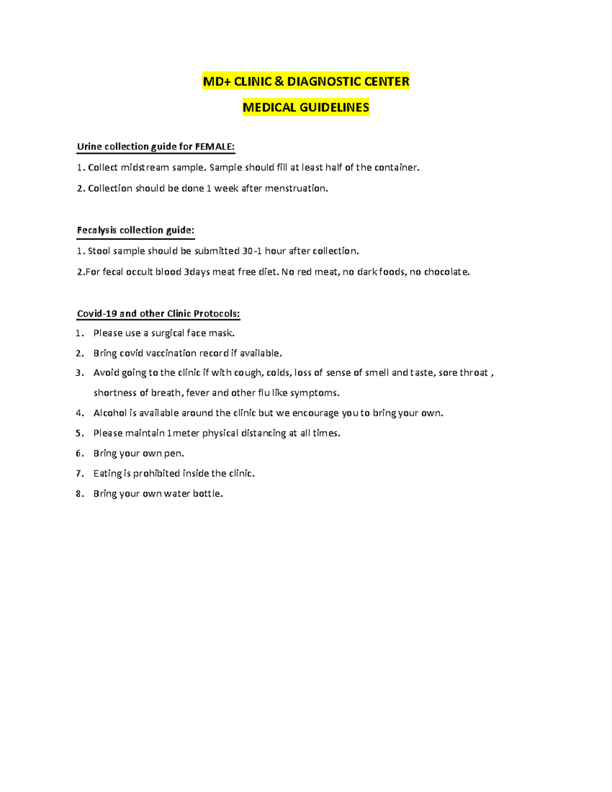 Medical Guidelines MD Clinic - MD+ CLINIC & DIAGNOSTIC CENTER MEDICAL ...