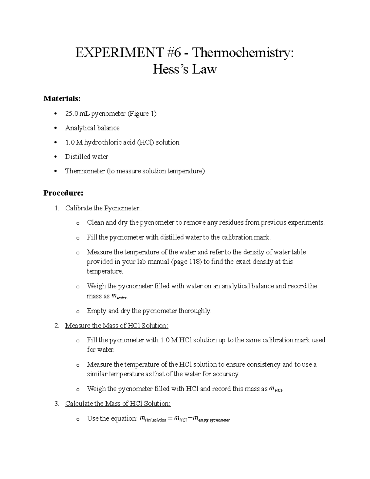 Experiment #6 - Hess's Law Procedure - EXPERIMENT #6 - Thermochemistry ...