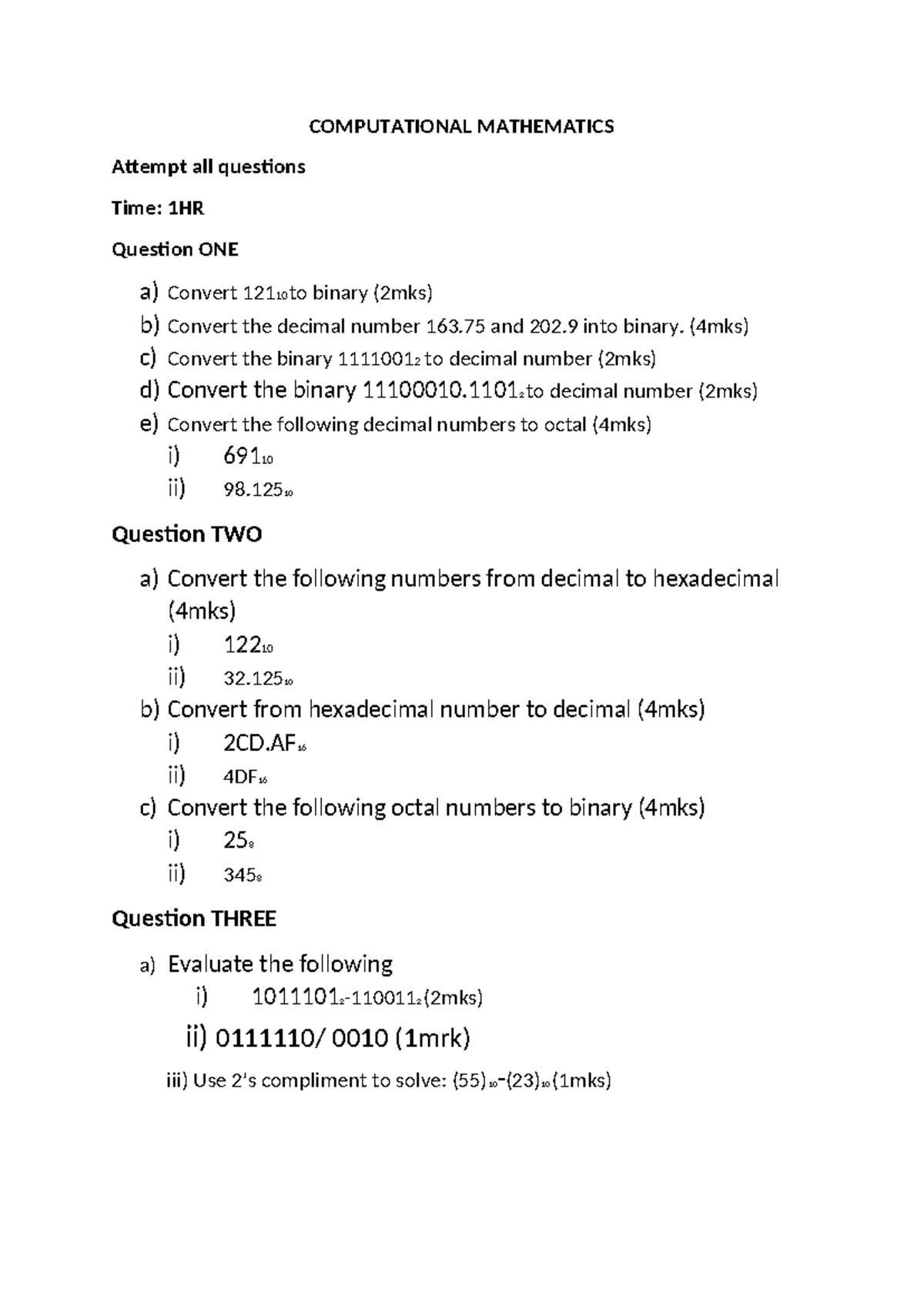 Computational Mathematics - COMPUTATIONAL MATHEMATICS Attempt all ...