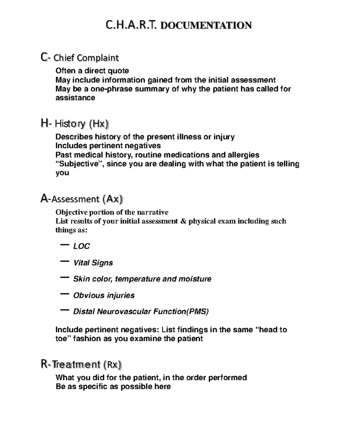 Chart-documentation - CHART - C.H.A.R. DOCUMENTATION C- Chief Complaint ...