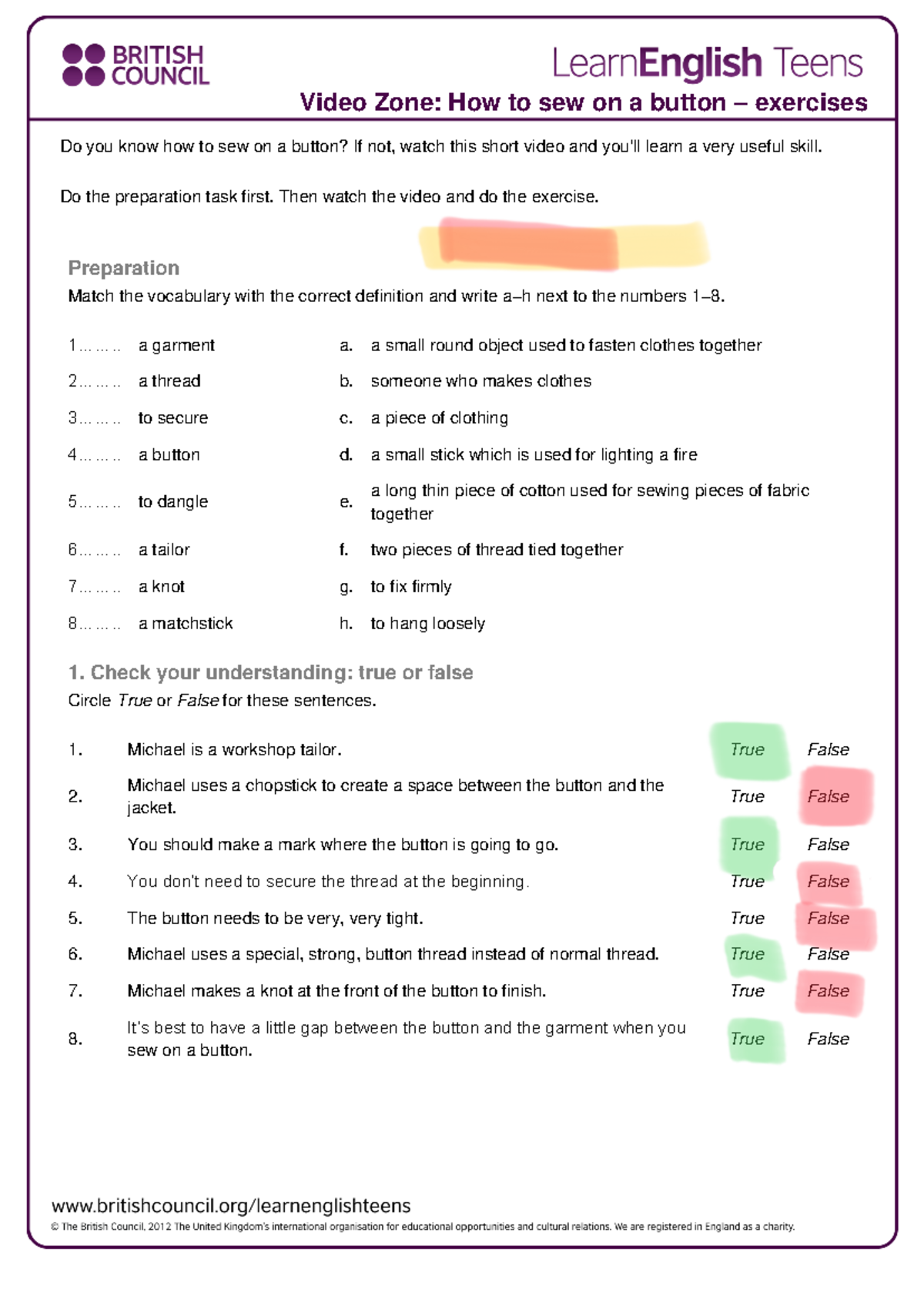 How to sew on a button - exercises - Do the preparation task first ...