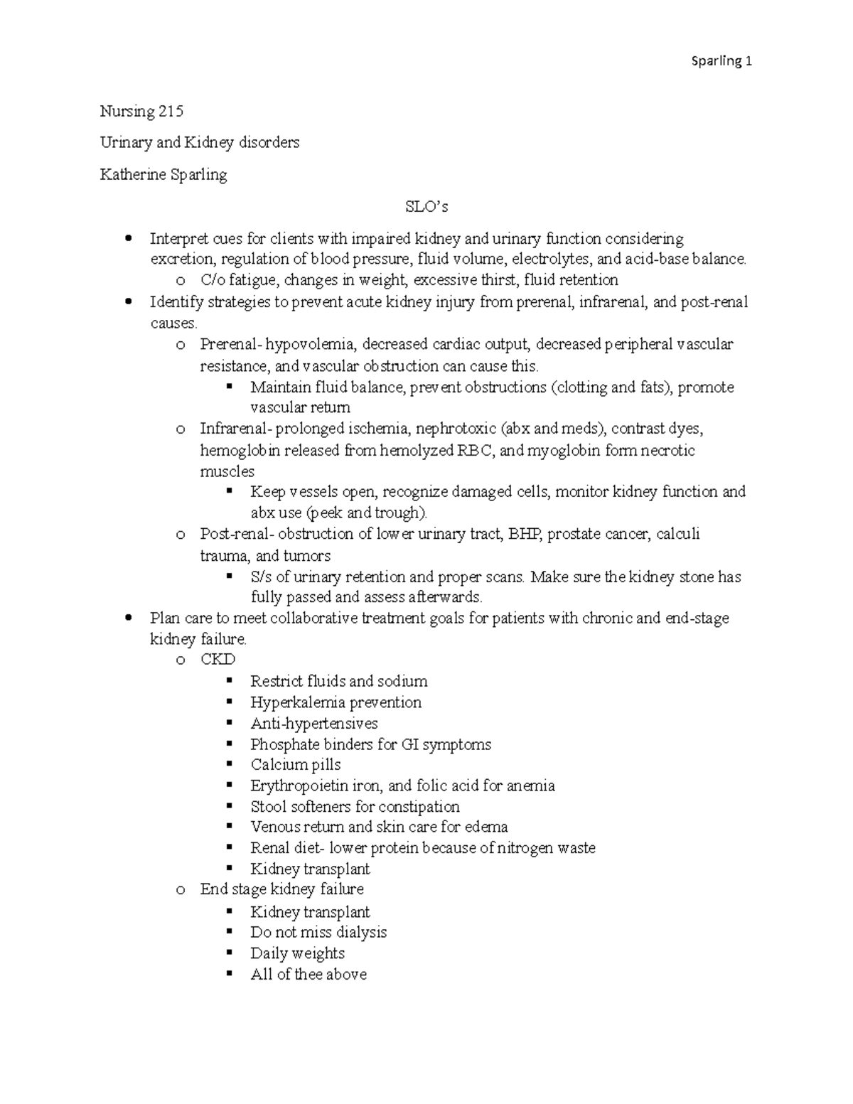 SLO kidney and renal function - Sparling 1 Nursing 215 Urinary and ...