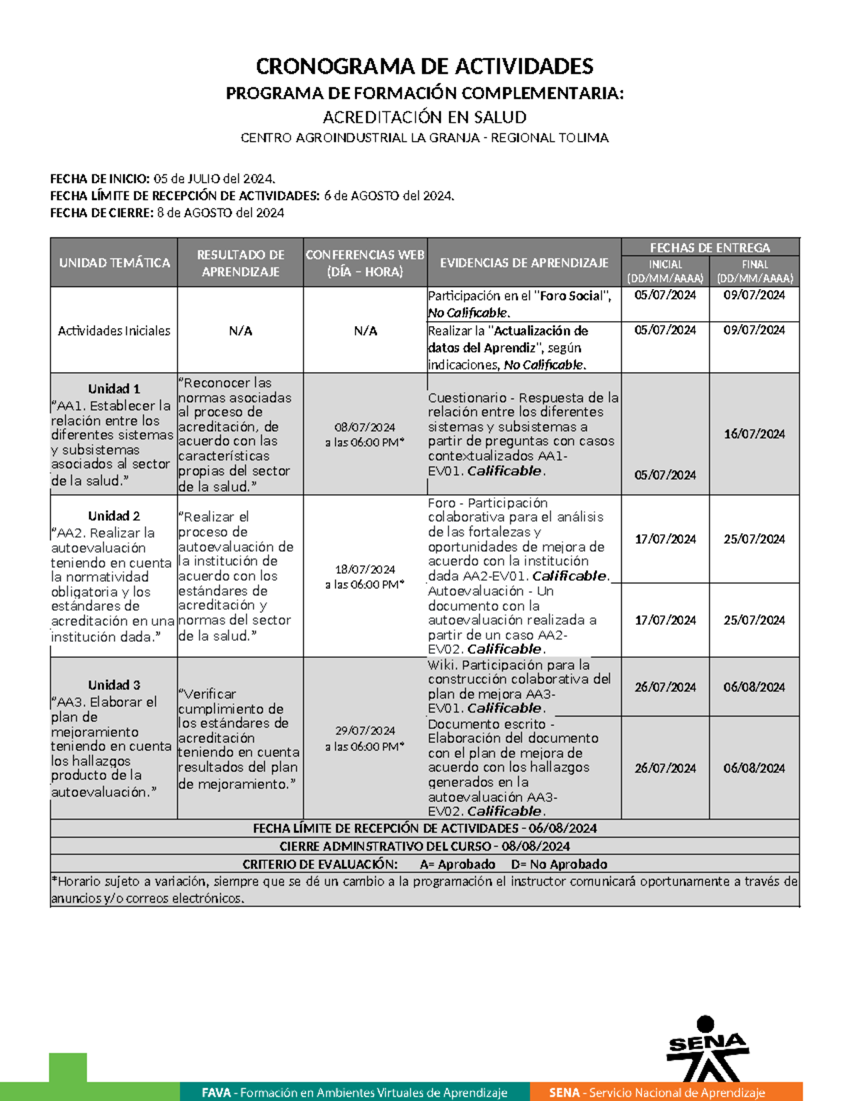 Cronograma de Actividades Acreditacion en salud - CRONOGRAMA DE ACTIVIDADES PROGRAMA DE ...