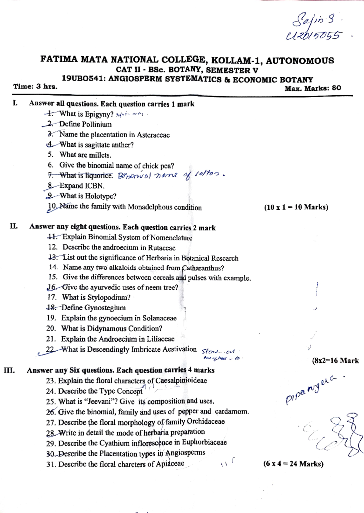 Botany Question paper - FATIMA MATA NATIONAL COLLEGE, KOLLAM-1 ...