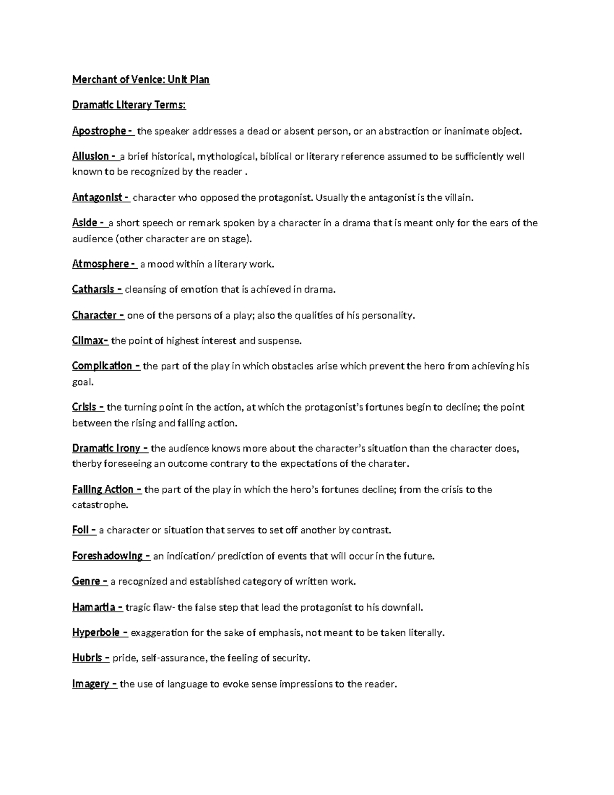 Merchant of Venice - literary terms - Merchant of Venice: Unit Plan ...
