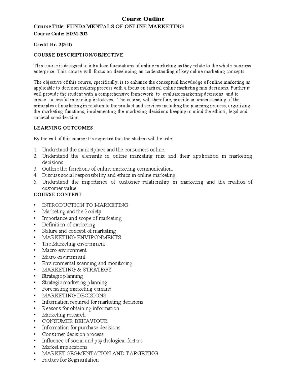 Course Outline FOM BDM-302 - Course Outline Course Title: FUNDAMENTALS ...