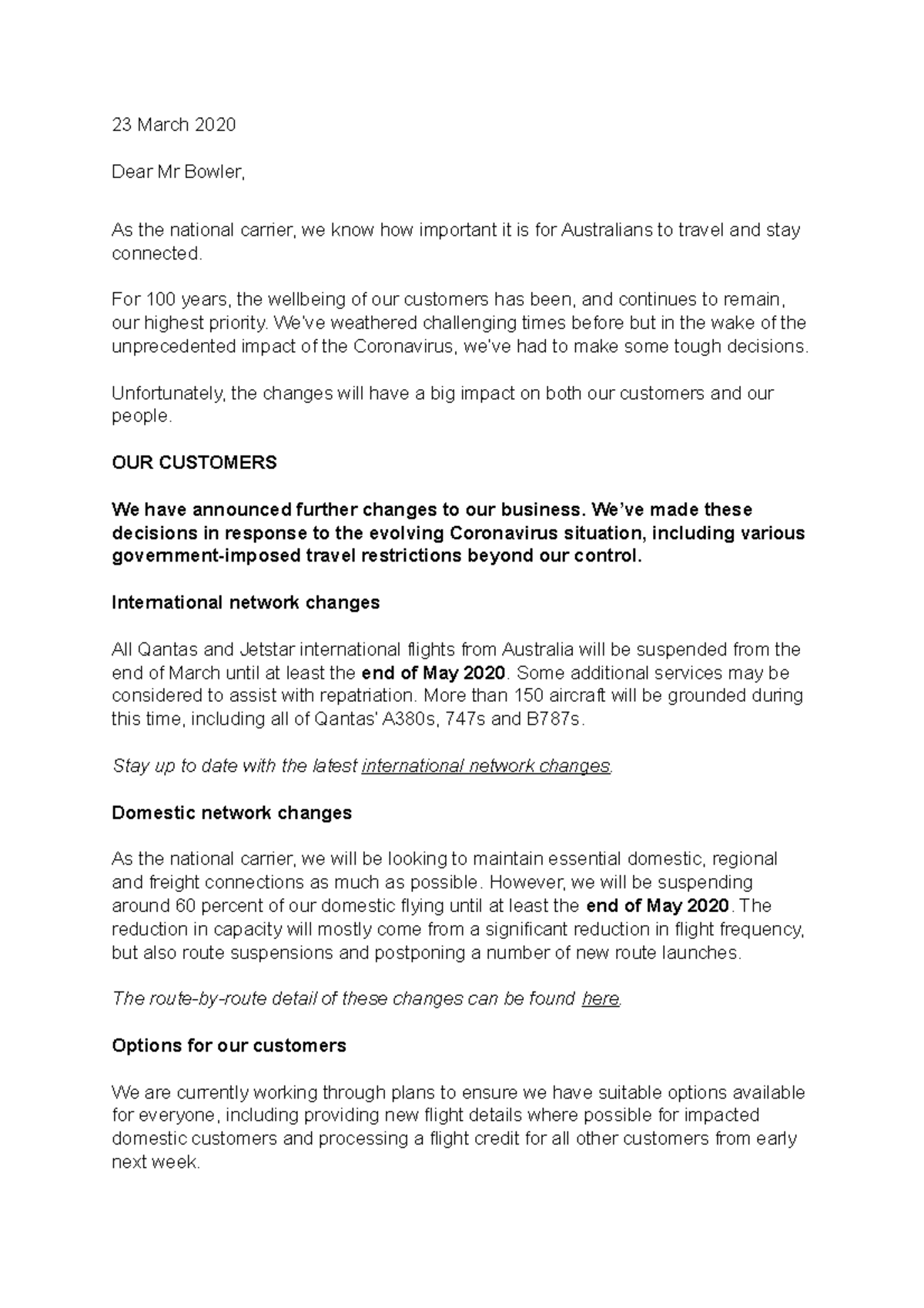 YEAR 12 Formal Letter Qantas - 23 March 2020 Dear Mr Bowler, As the ...