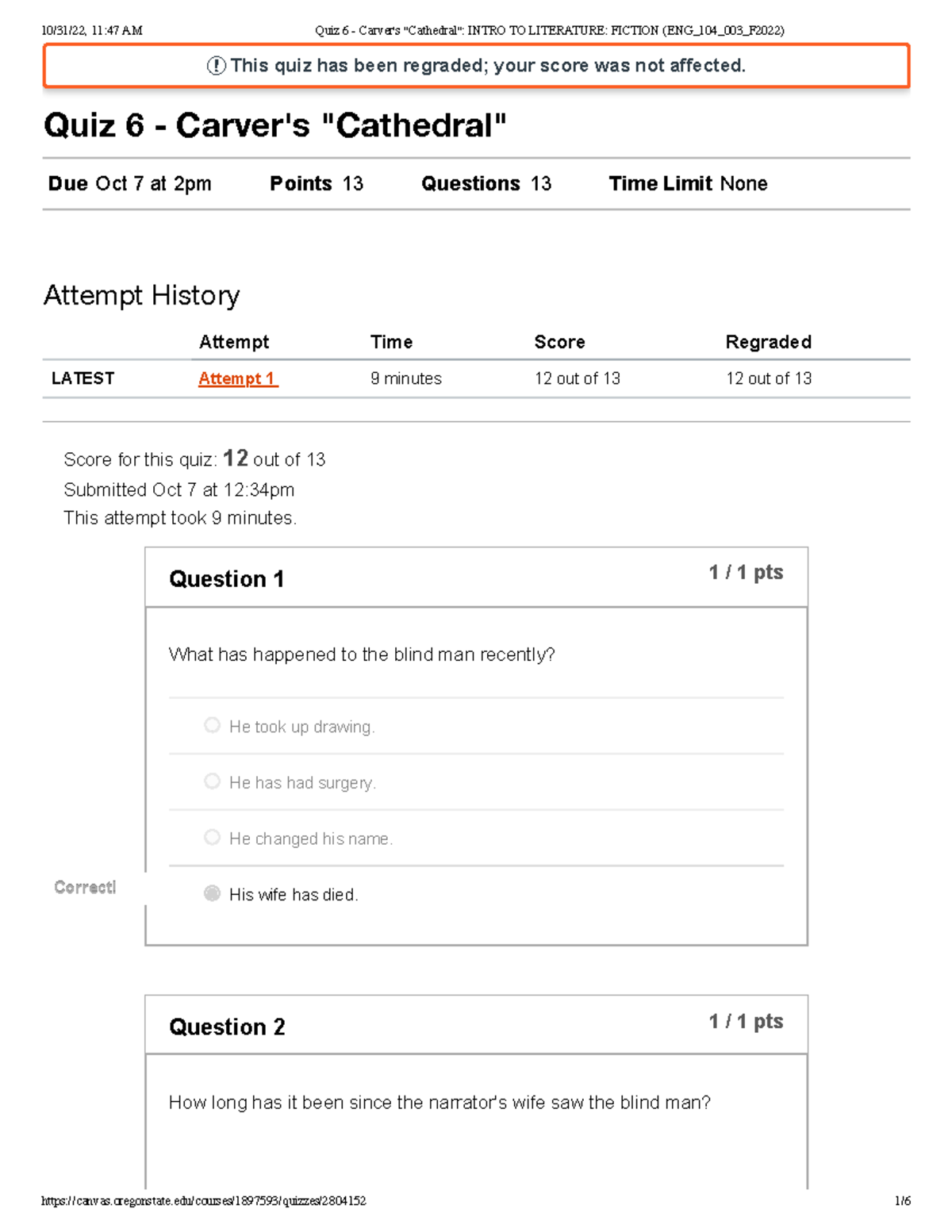 Quiz 6 - Carver's Cathedral Intro TO Literature Fiction (ENG 104 003 ...