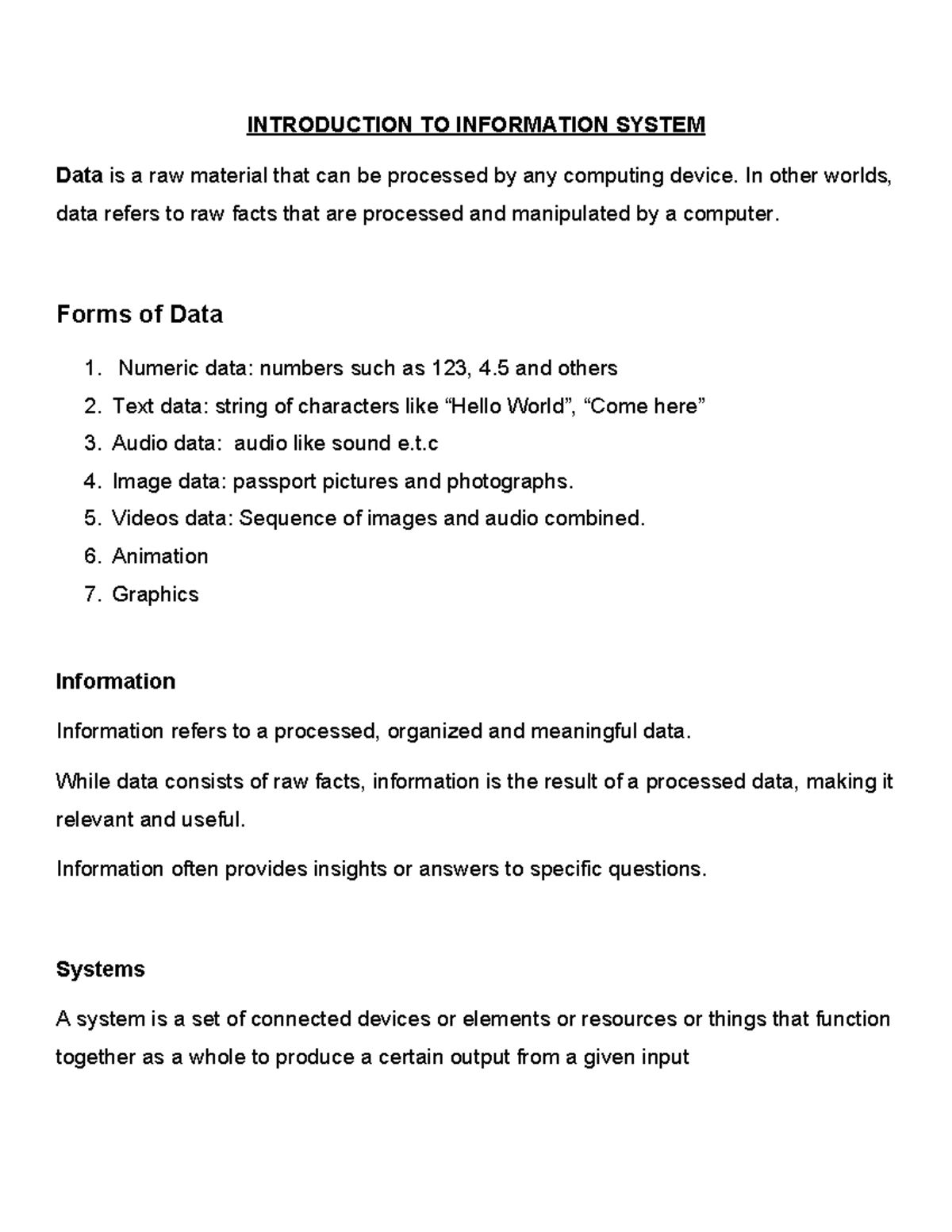 First Year Elective ICT Note - INTRODUCTION TO INFORMATION SYSTEM Data ...