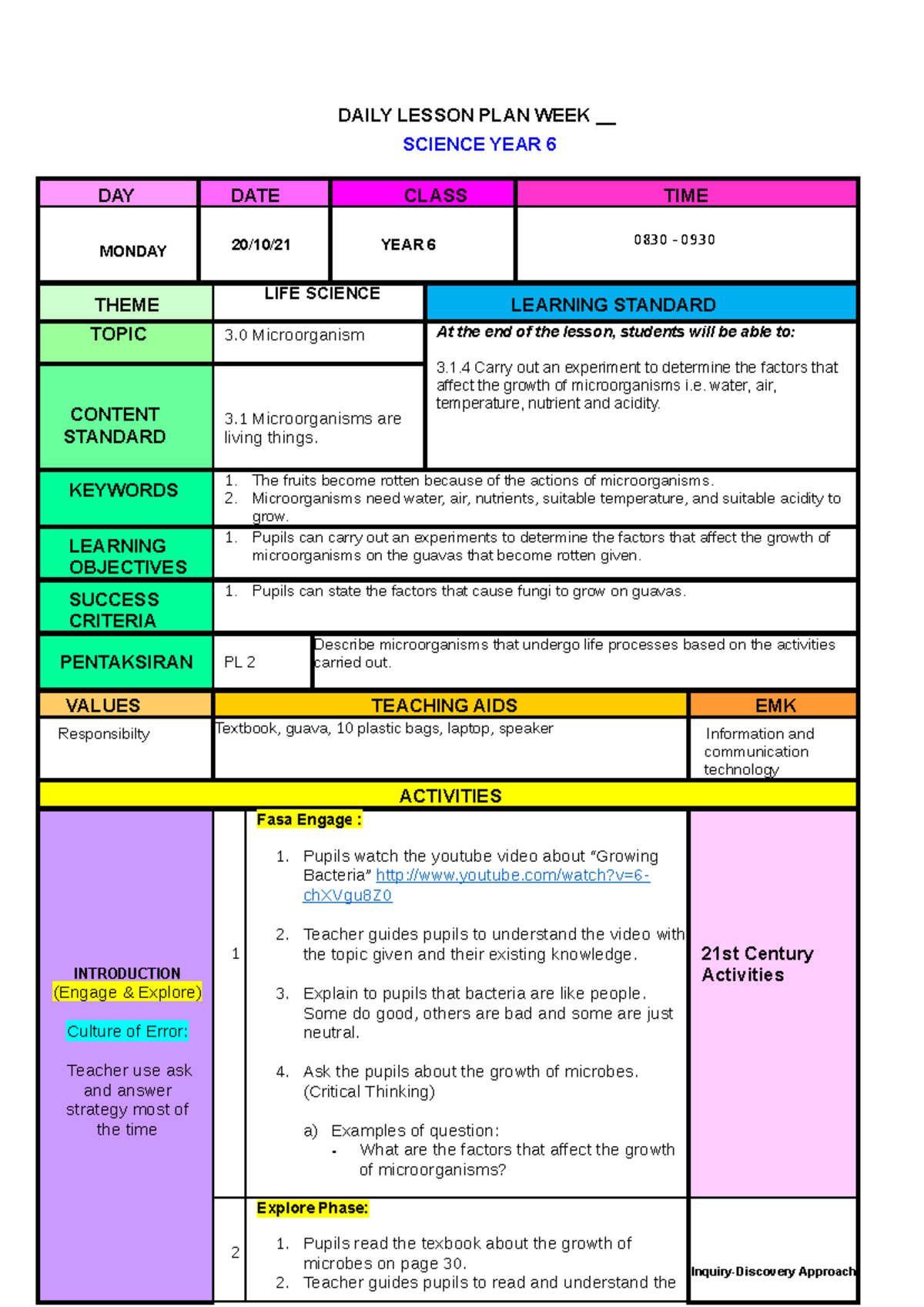 RPH Science Year 6 SK Nanga Temalat - DAILY LESSON PLAN WEEK __ SCIENCE ...