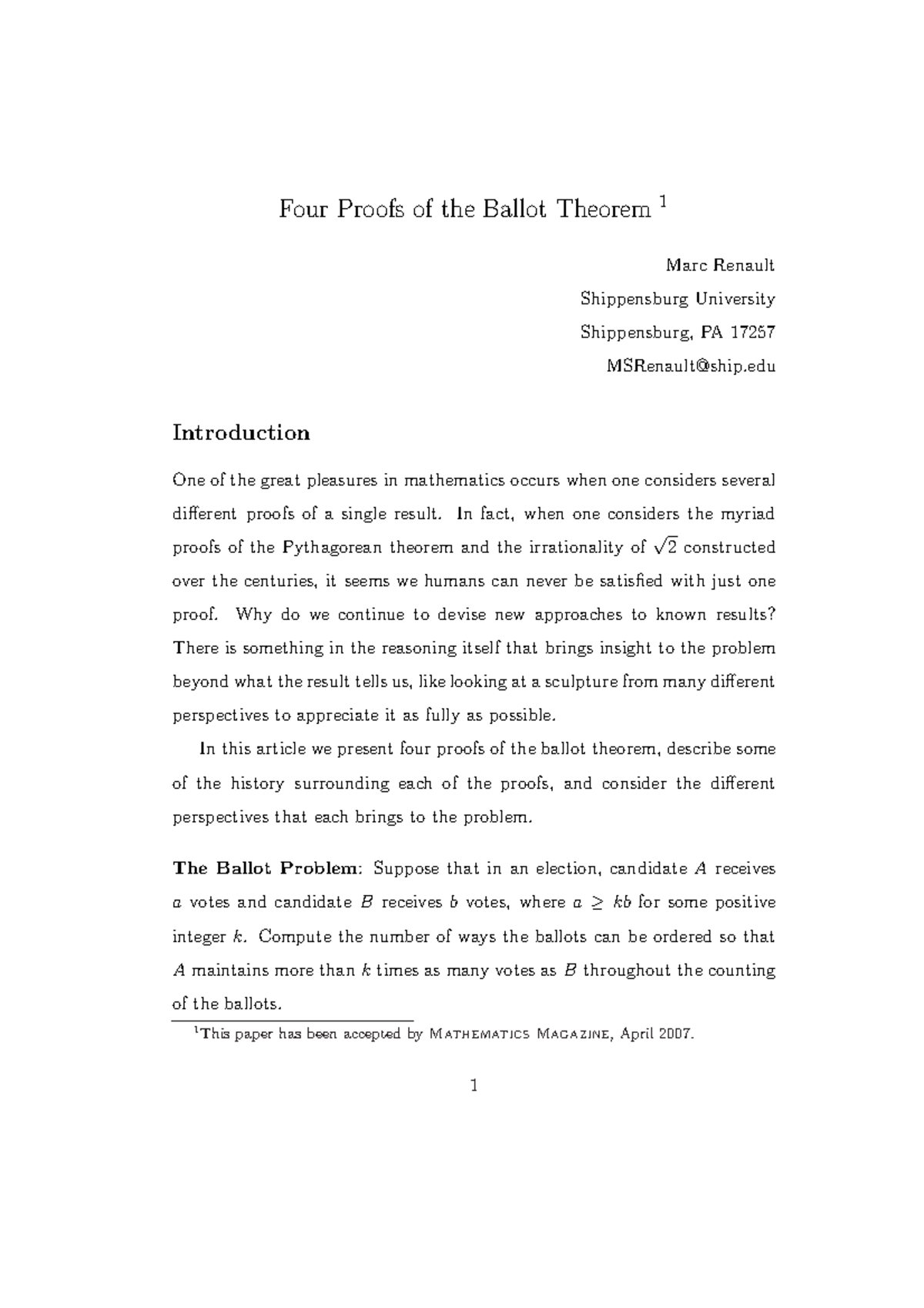 Four Proofs of Ballot Theorem - Four Proofs of the Ballot Theorem 1 ...