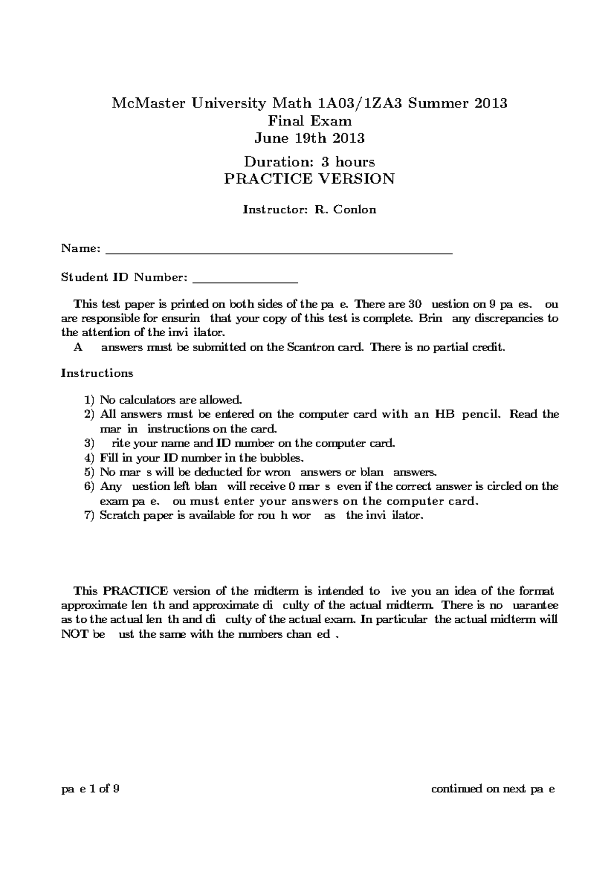 Sample/practice exam 9 Summer 2013, answers - McMaster University Math ...