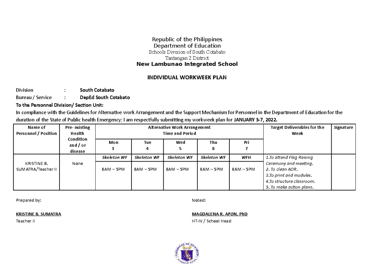 January Workweek PLAN - Work Week Plan - Department of Education ...