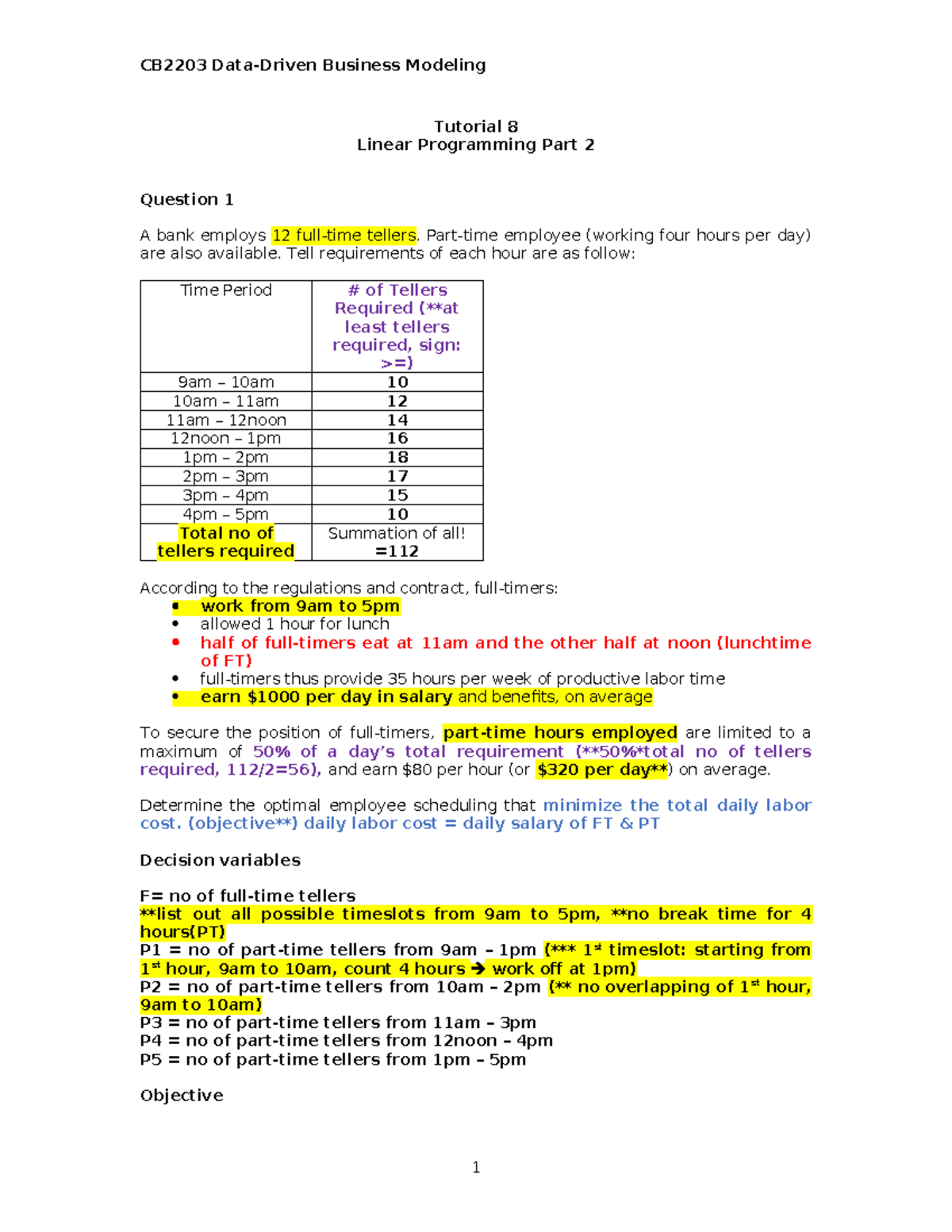 Tutorial 8 LP Part 2 - Tutorial 8 Linear Programming Part 2 Question 1 ...