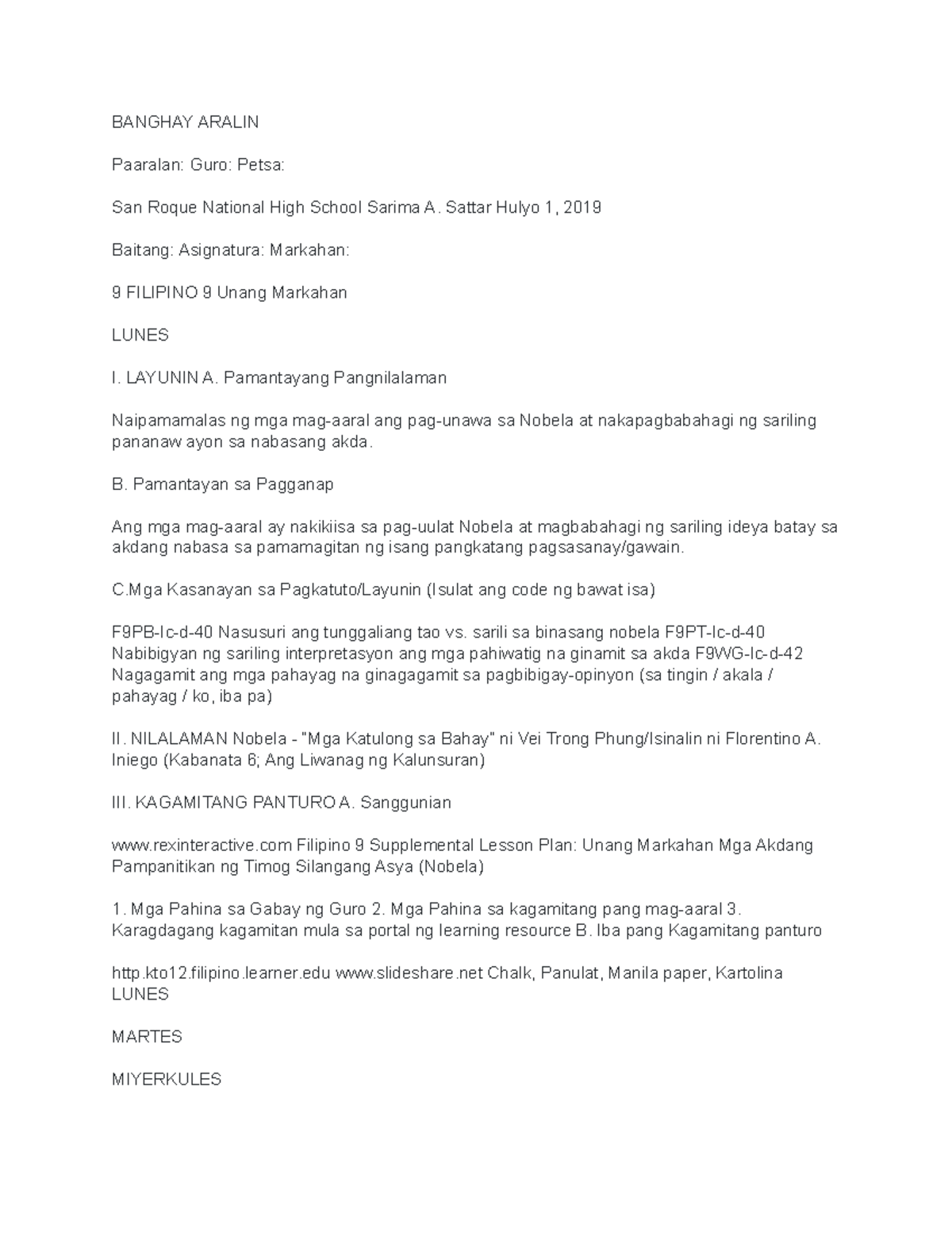 Banghay Aralin Tunggalian - BANGHAY ARALIN Paaralan: Guro: Petsa: San ...