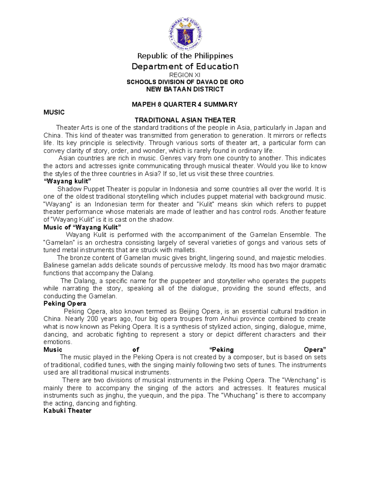 Mapeh 8 Quarter 4 Summary OF Topics - Republic of the Philippines ...