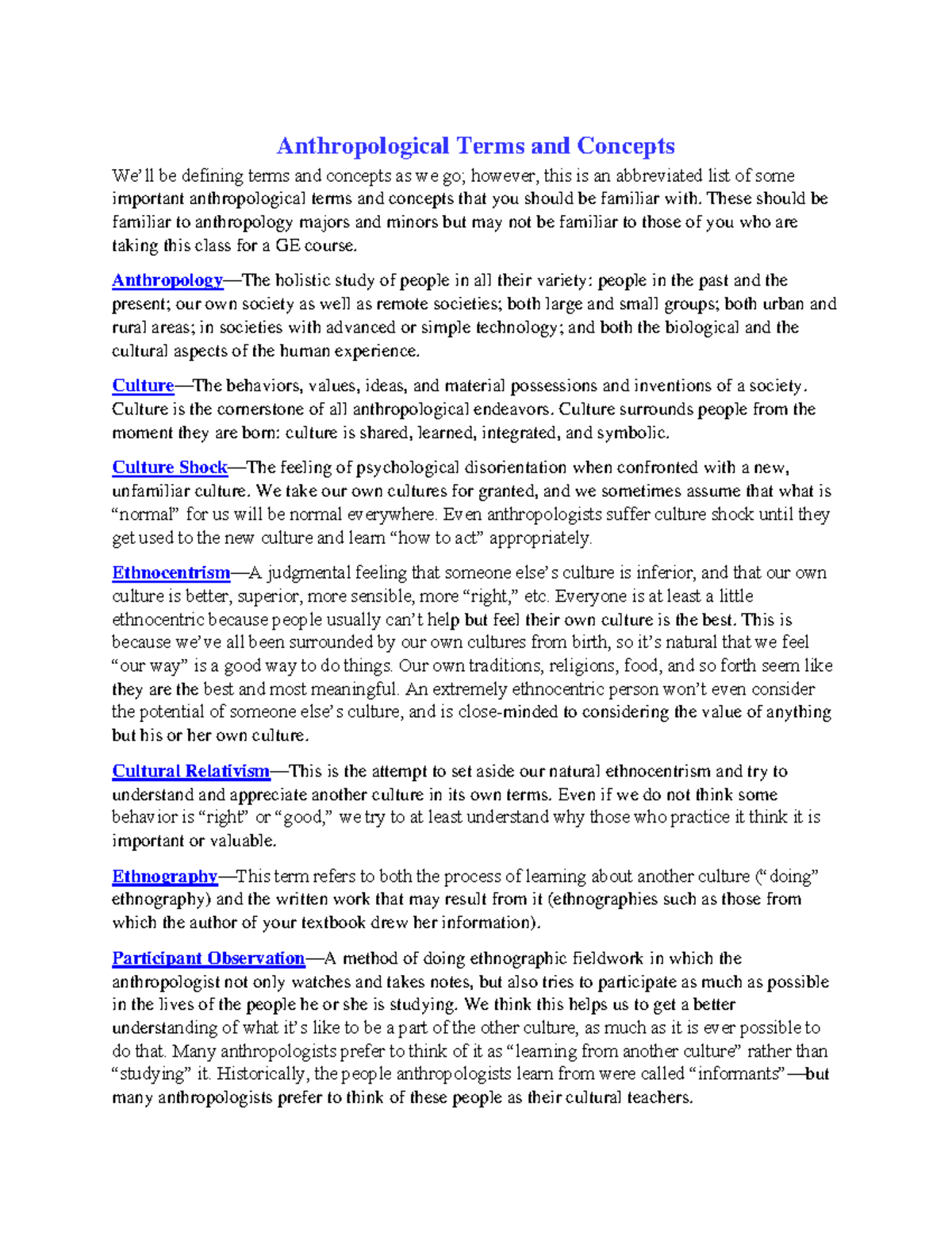 Anthropology Terms and Concepts - Anthropological Terms and Concepts We ...