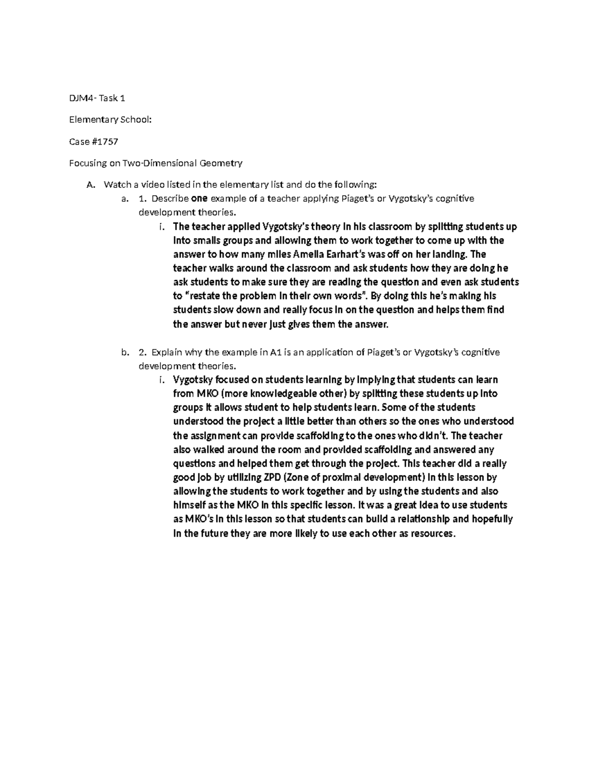 DJM4 - Task 1: Cognitive Development Theories in Education - DJM4- Task 1 Elementary School ...