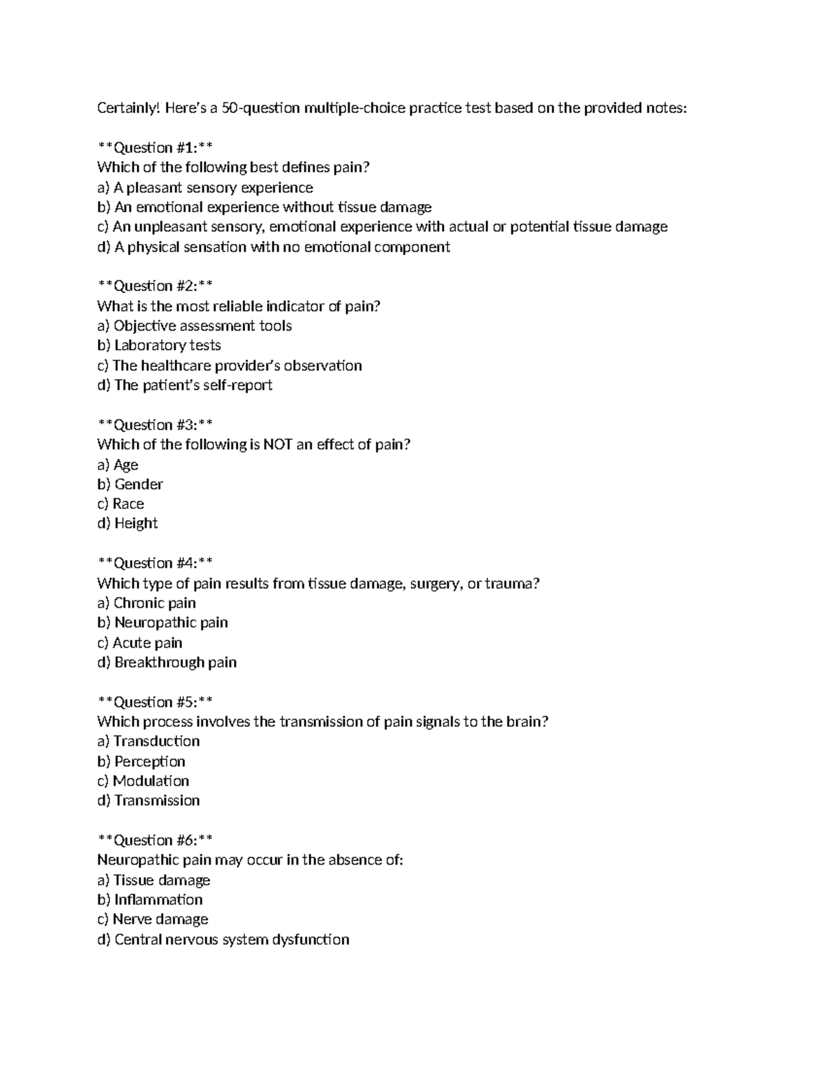 Ch.9 PAIN practice test questions - Certainly! Here's a 50-question ...