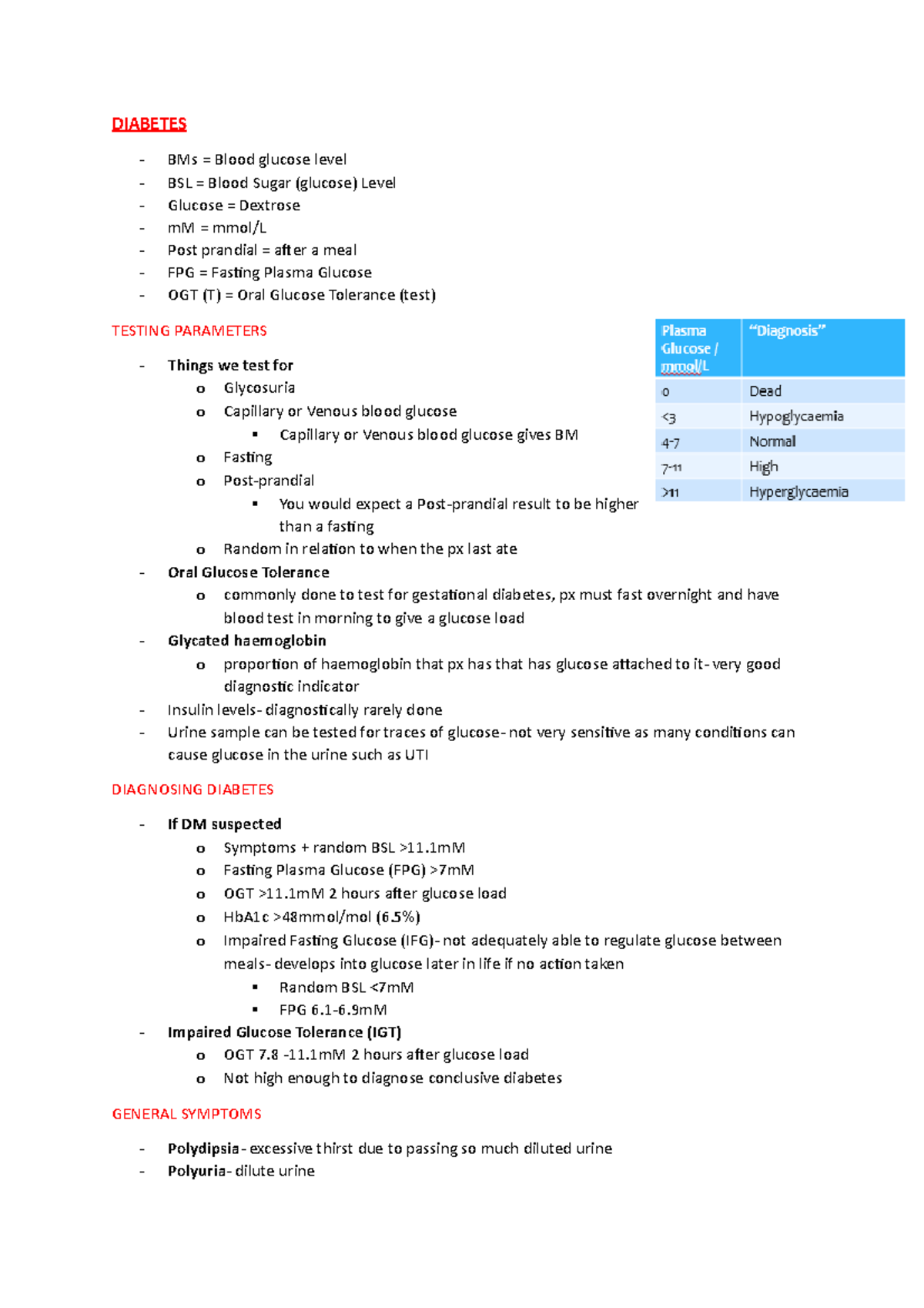 Diabetes - Lecture notes 1-7 - DIABETES - BMs = Blood glucose level ...