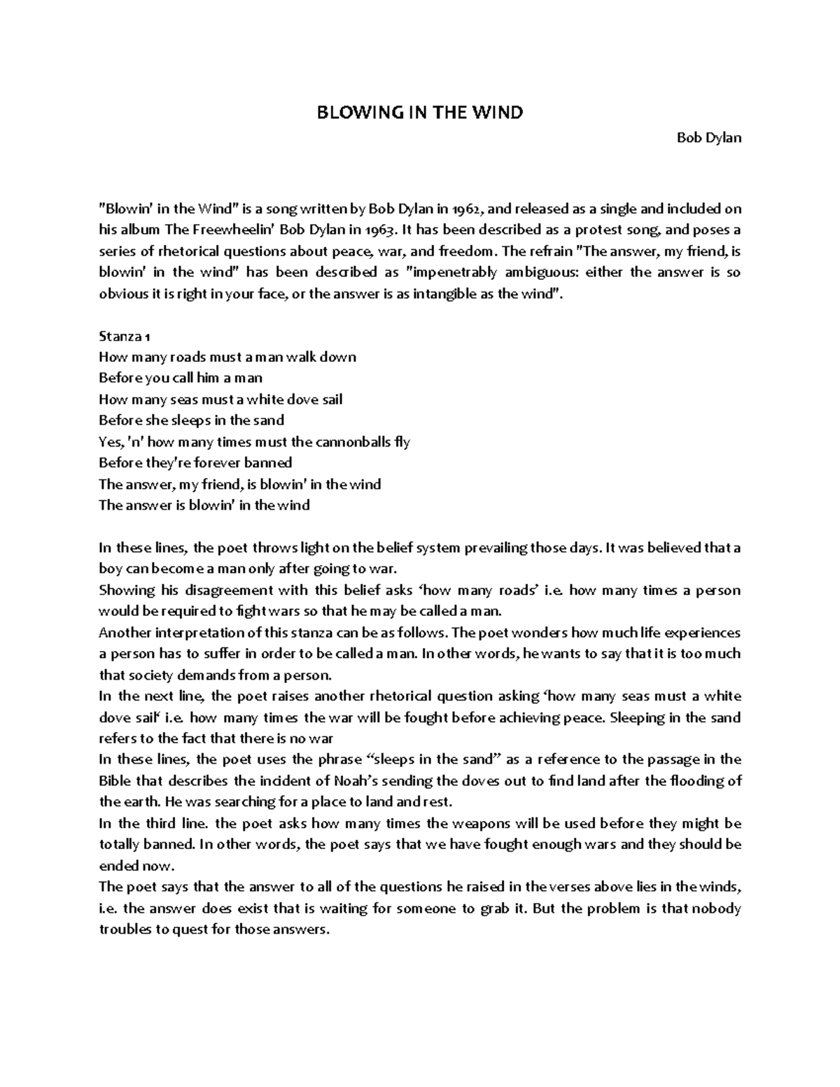 Popular Literature and culture and explanation - BLOWING IN THE WIND ...