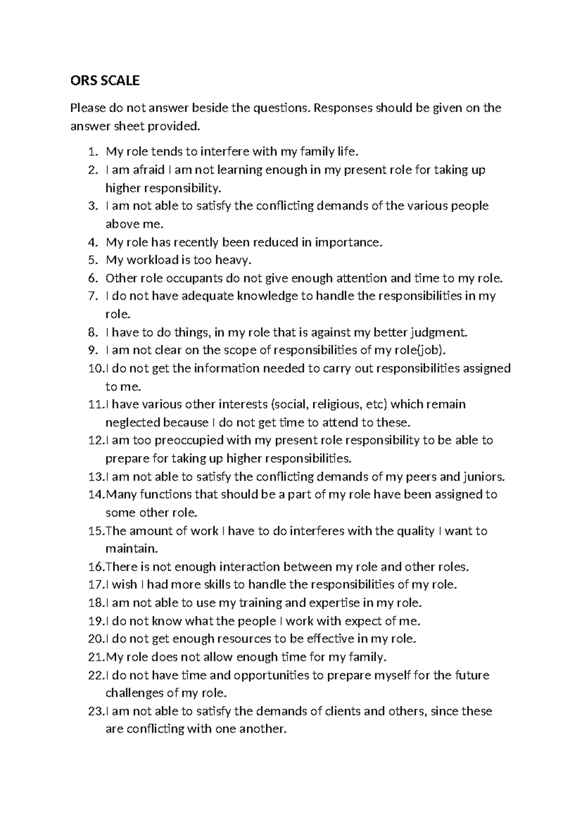 ORS Scale - ORS SCALE Please do not answer beside the questions ...