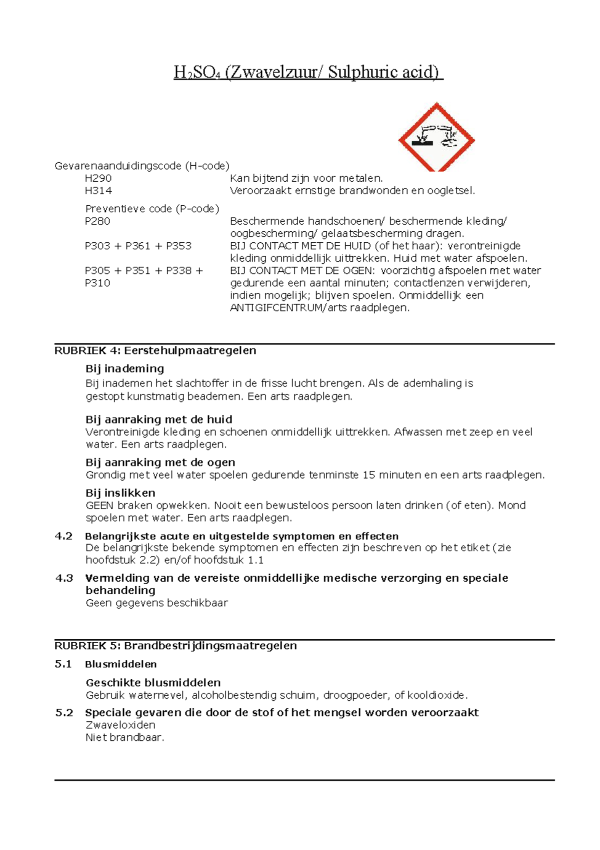 Sds zwavelzuur H2SO4 - H 2 SO 4 (Zwavelzuur/ Sulphuric acid ...