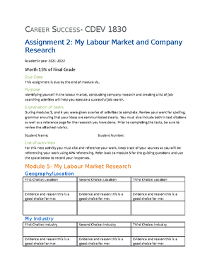 CDEV1830 Career Success Assignment 1 My Career Profile - CAREER SUCCESS ...