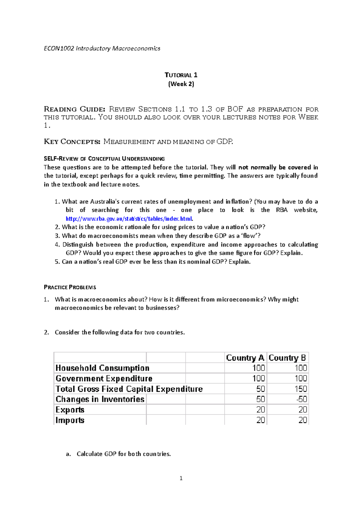 Tutorial 01 Questions - ECON1002 Introductory Macroeconomics TUTORIAL 1 (Week 2) READING GUIDE ...