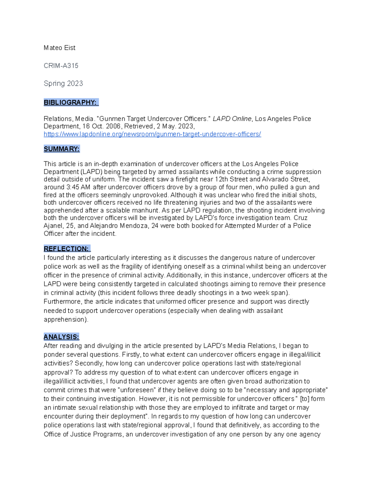 EIST PC WK8 - EIST PC WK8 - Mateo Eist CRIM-A Spring 2023 BIBLIOGRAPHY ...