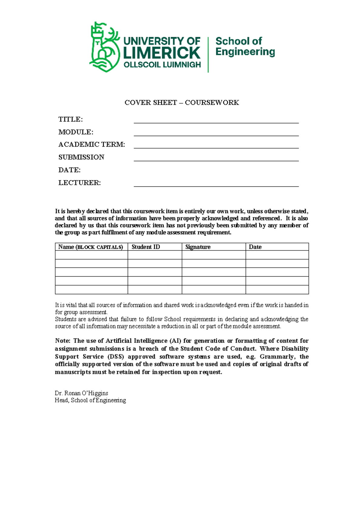 SOE cover sheet 2024 - COVER SHEET – COURSEWORK TITLE