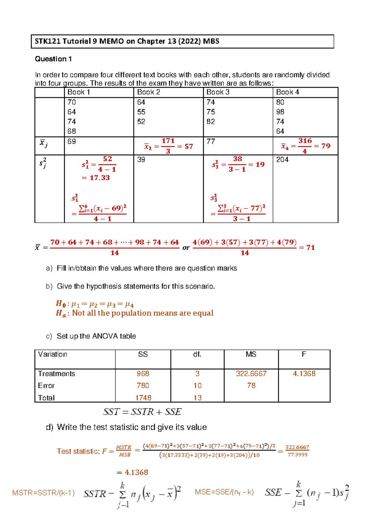 STK121 Tutorial 9 MEMO (2022) MBS - STK121 Tutorial 9 MEMO on Chapter 13 (202 2 ) MBS Question 1 ...