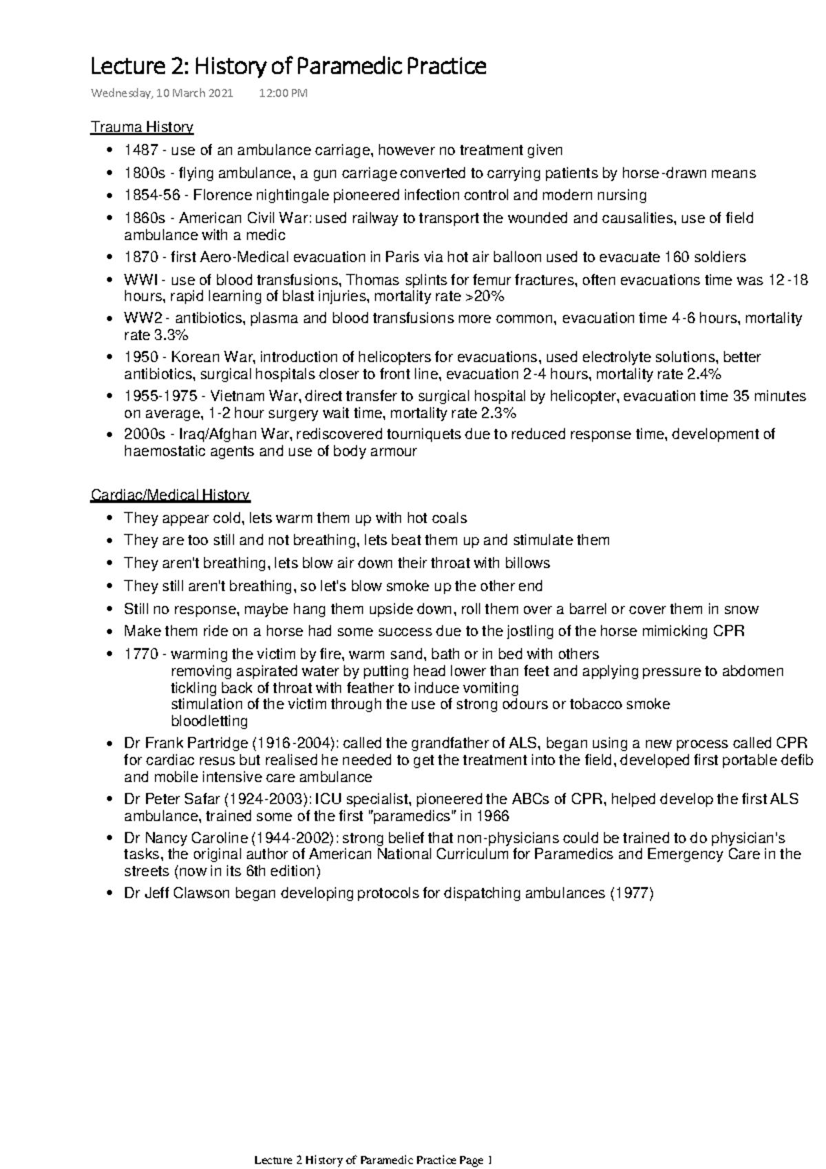 Lecture 2 History of Paramedic Practice notes - 1487 - use of an ...