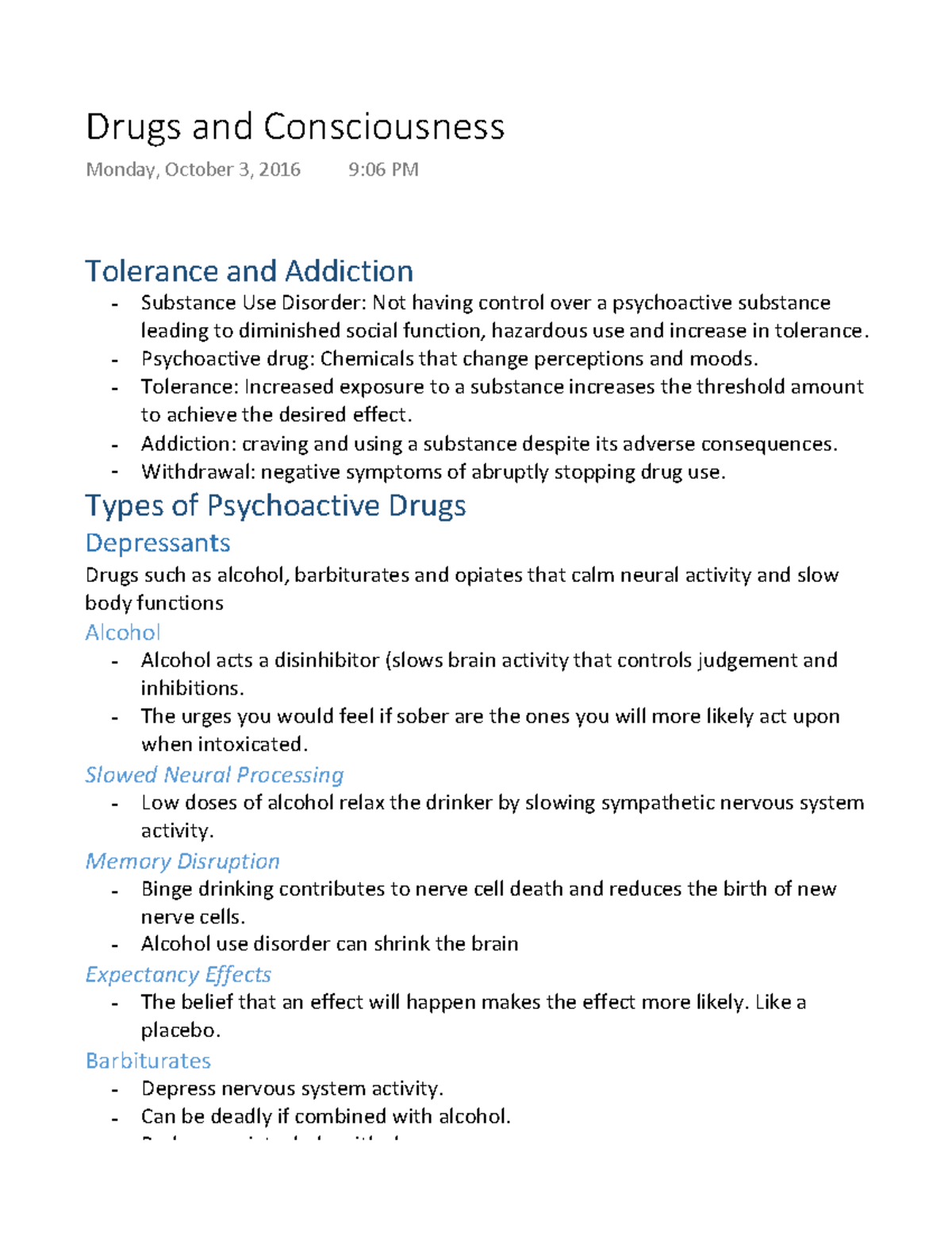 Drugs and Consciousness - Drugs and Consciousness Monday, October 3 ...