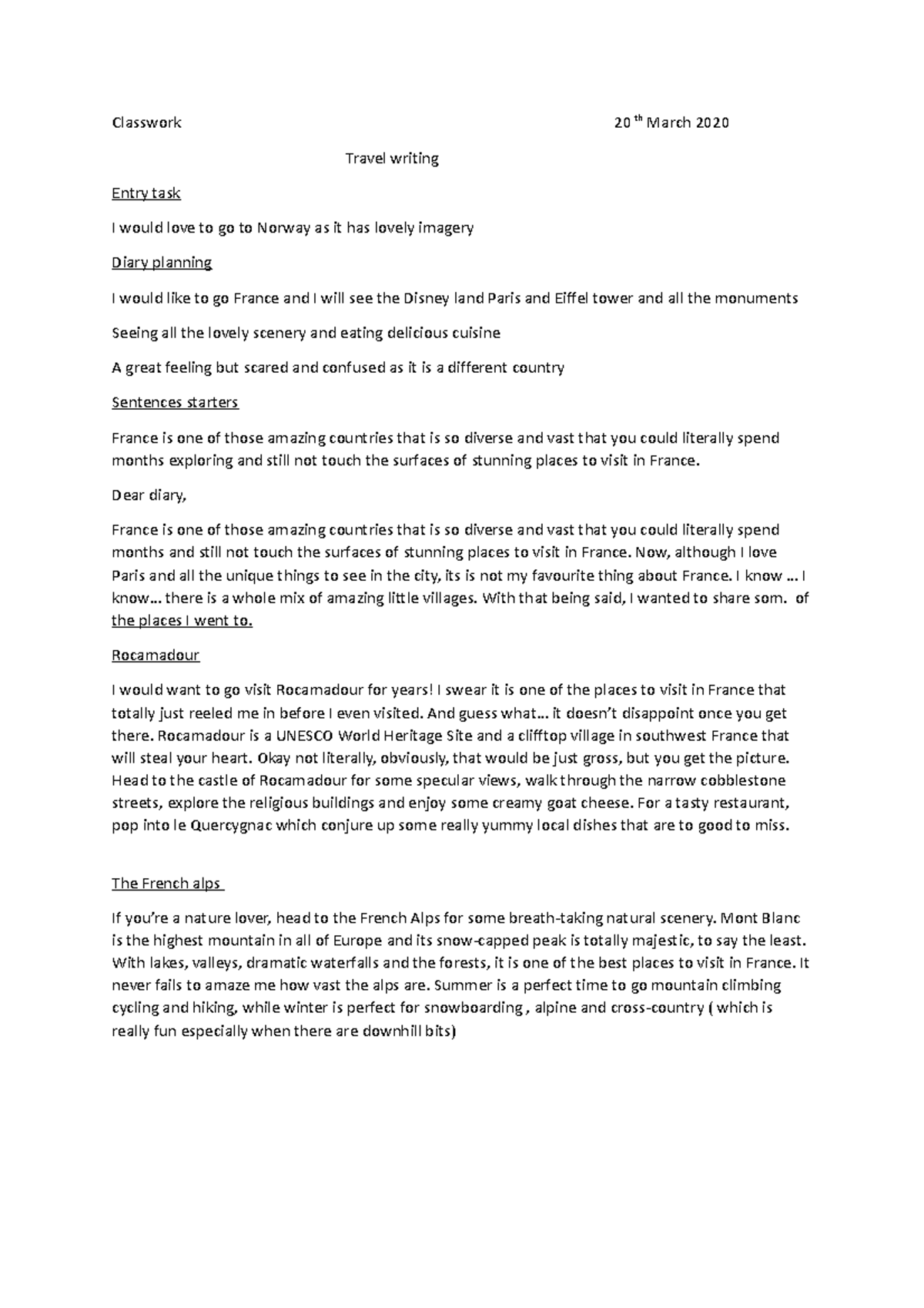 Diary entry - English notes - Classwork 20 th March 2020 Travel writing ...