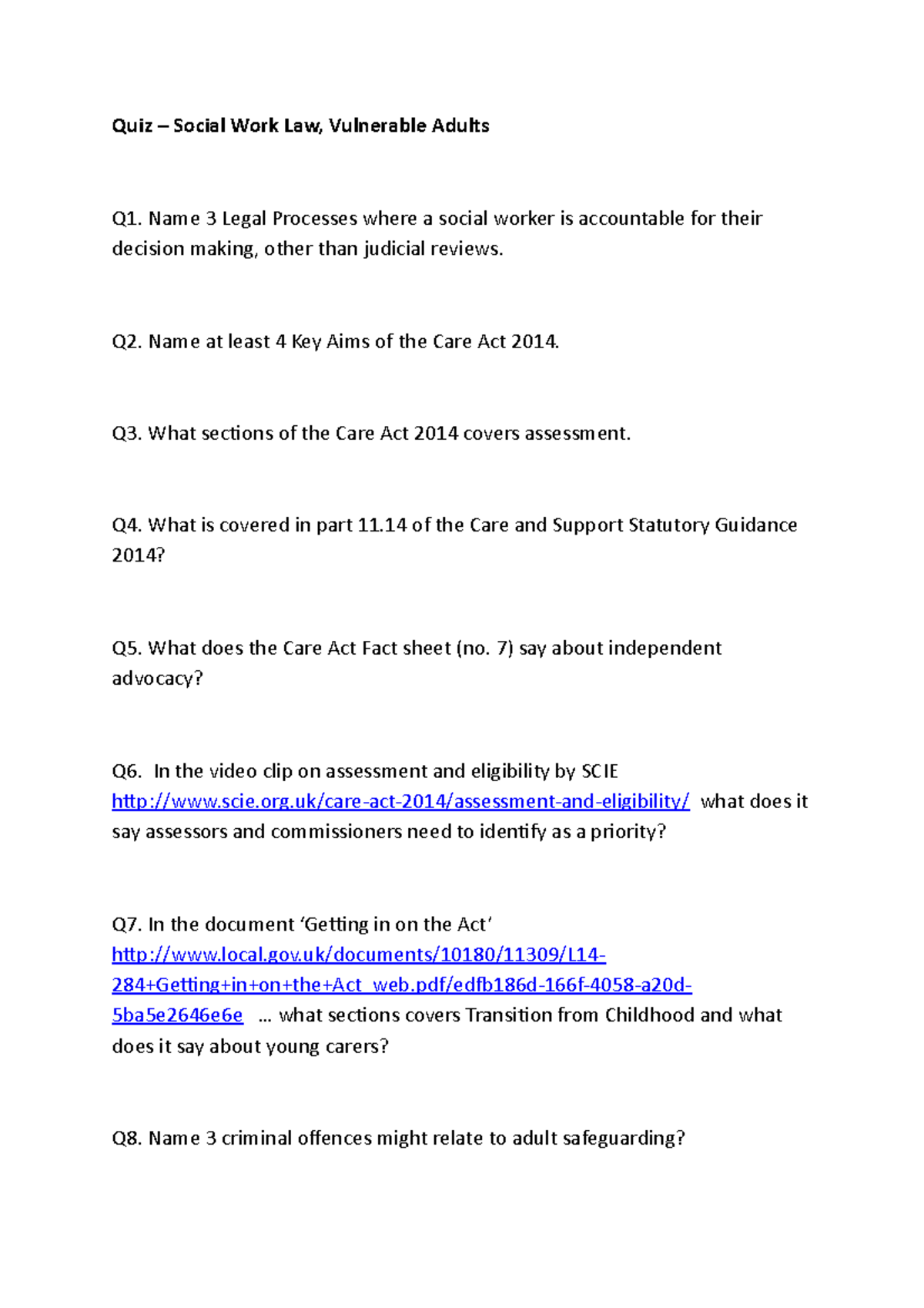 Adult Law Quiz - Quiz – Social Work Law, Vulnerable Adults Q1. Name 3 ...